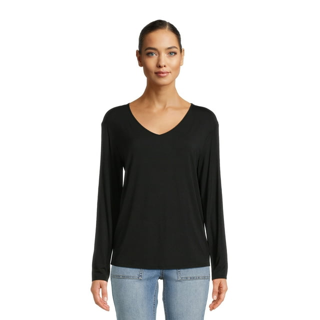 Time and Tru Women's Washed V-Neck T-Shirt with Long Sleeves, Sizes XS ...