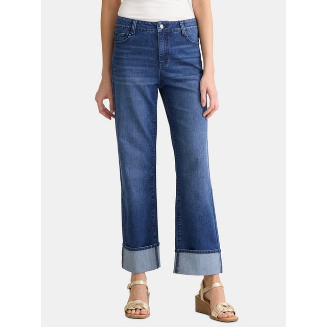 Time & Tru Women's Wide Cuff Jeans, High-Rise Stretch Denim, 29” Inseam ...
