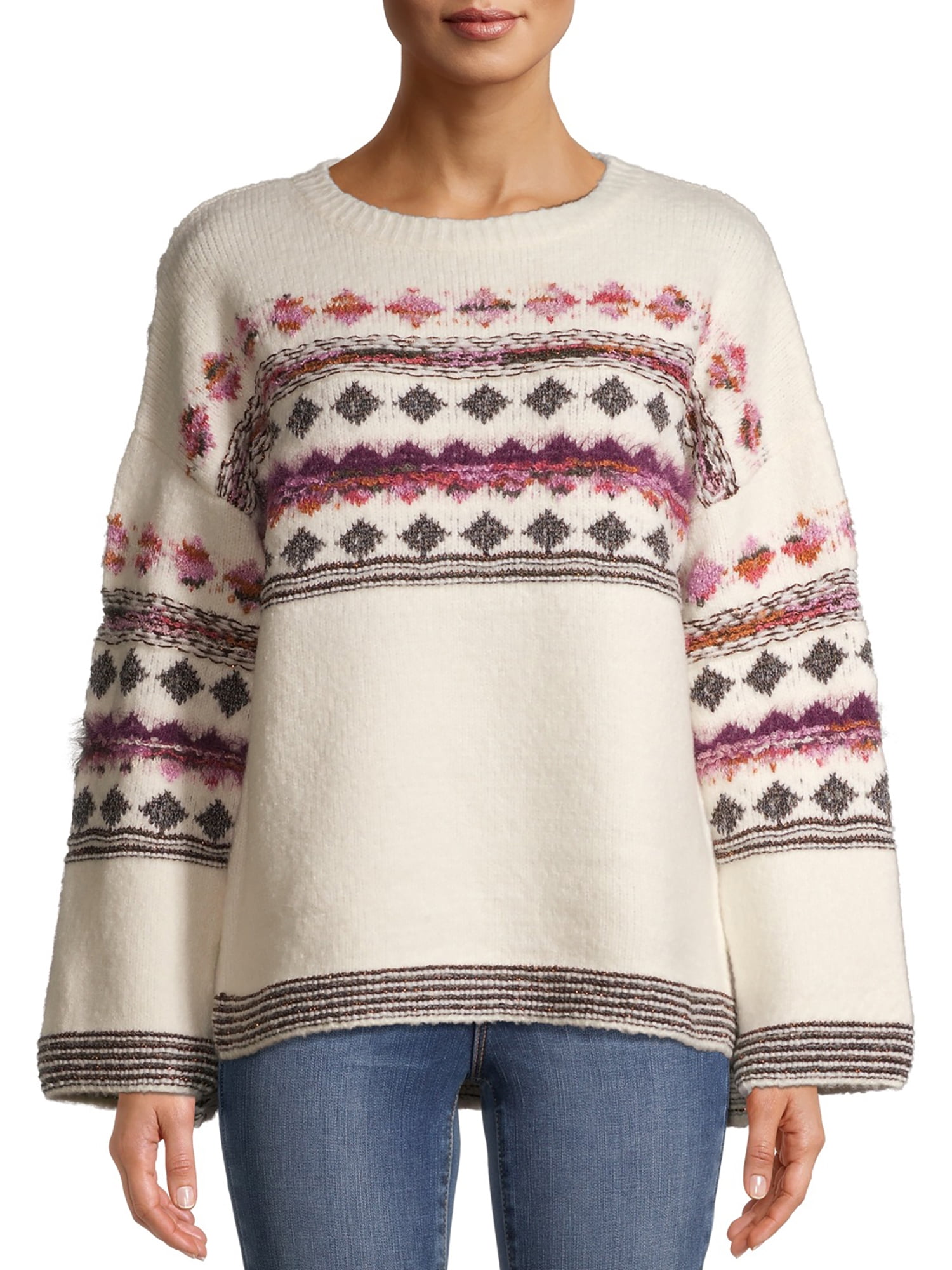 Time and Tru Women's Wide Sleeve Fair Isle Sweater - Walmart.com