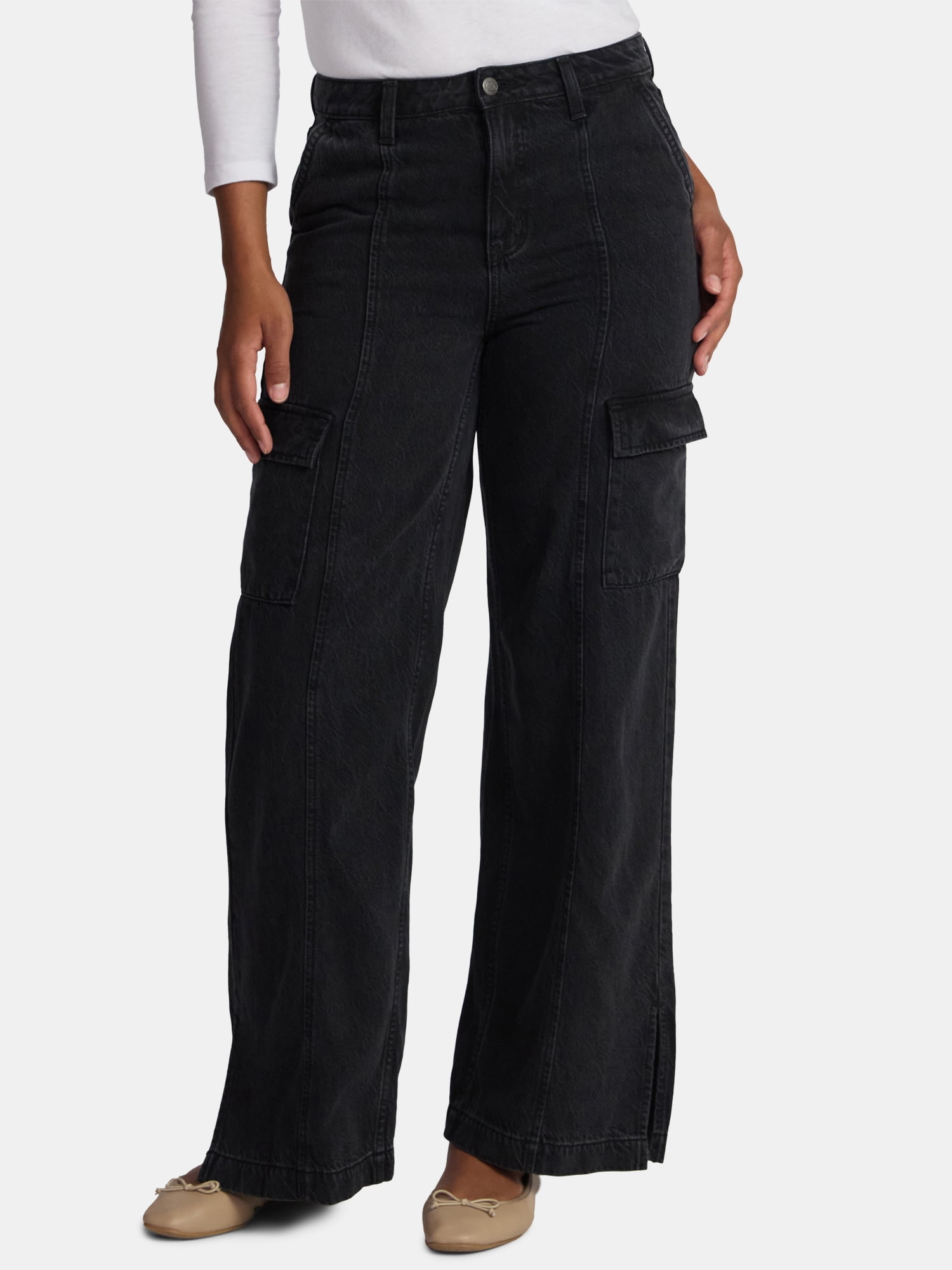 Time and Tru Women's Wide Leg Cargo Jeans, 31" Inseam, Sizes 0-20 ...