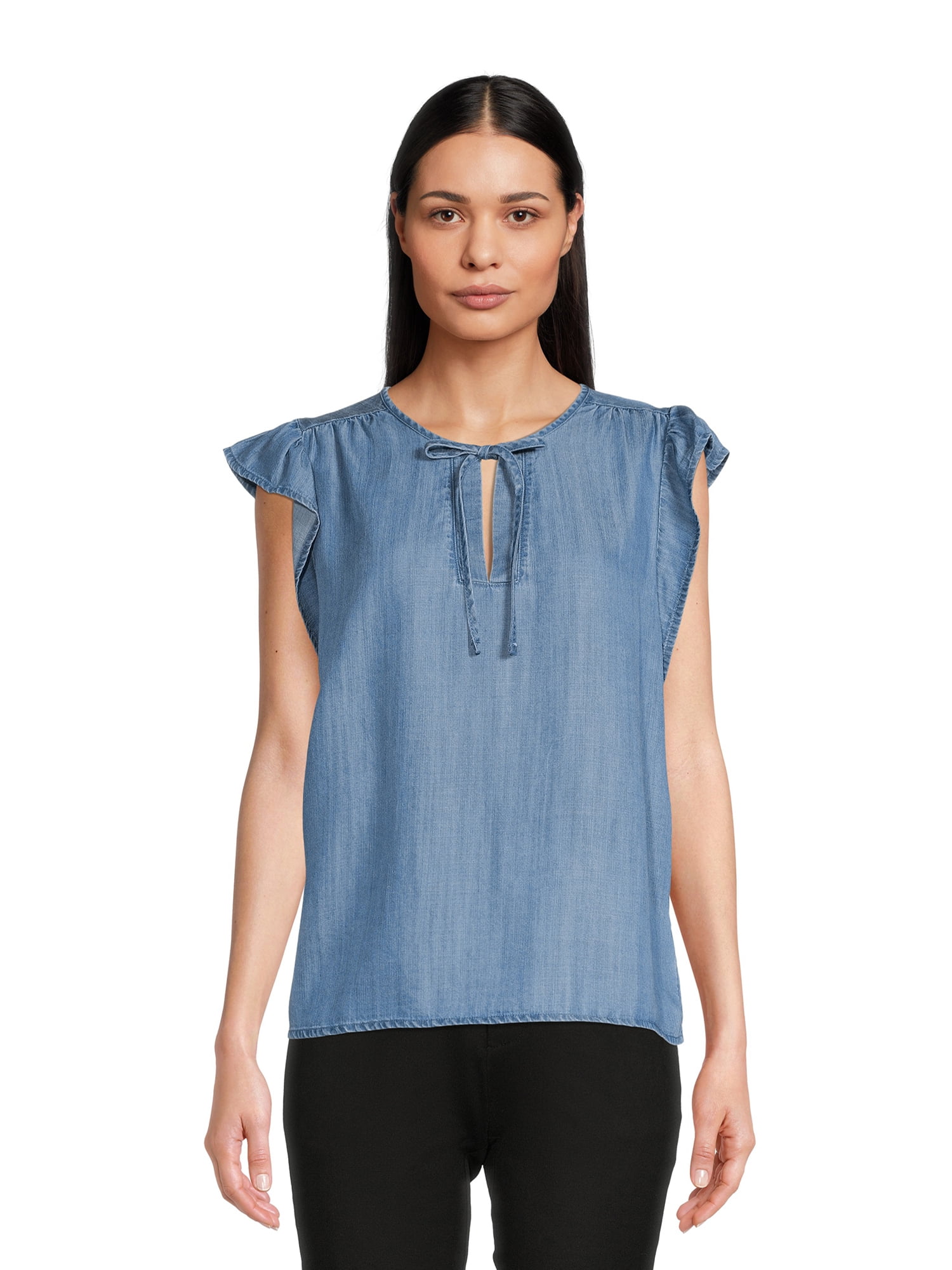 Time & Tru Women's Sleeveless Woven Ruffle Tank Top, Cotton, Flowy ...