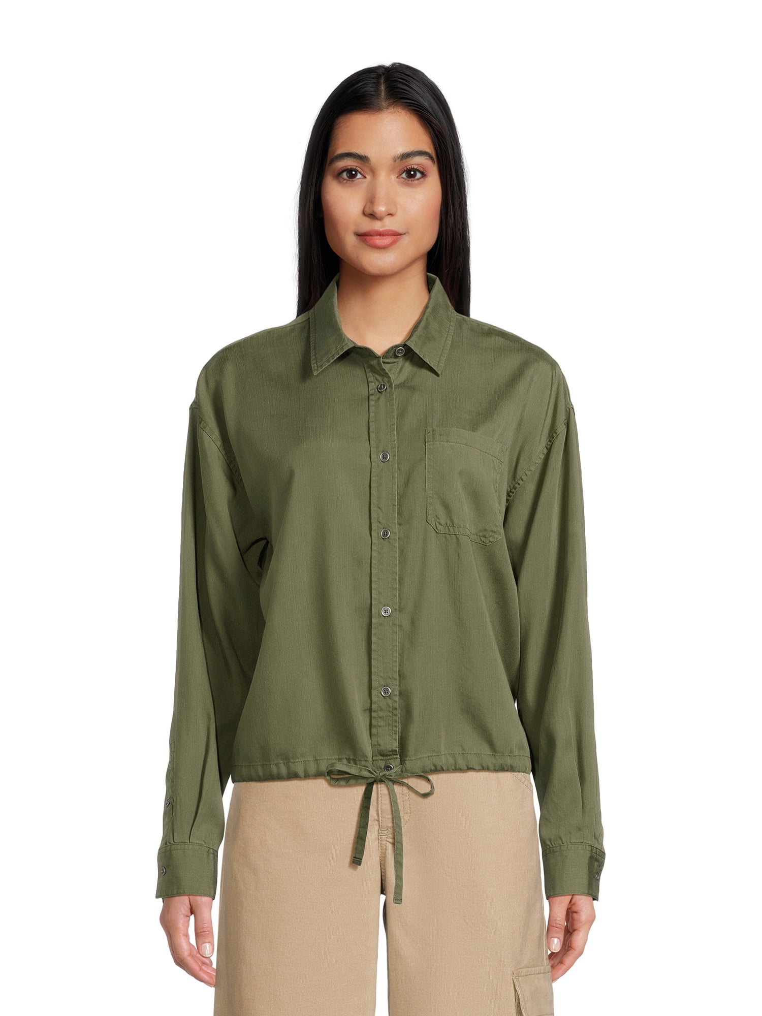 Time and Tru Women's Woven Utility Top with Drawstring Waist, Sizes XS ...