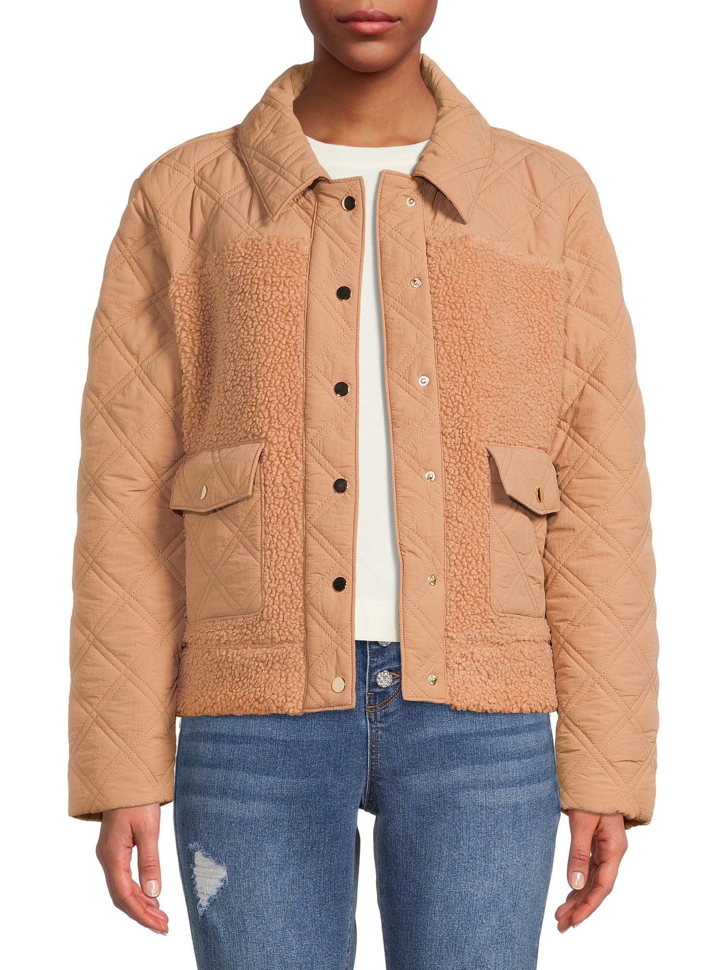 Time and Tru Women's and Plus Mixed Media Cropped Shacket - Walmart.com