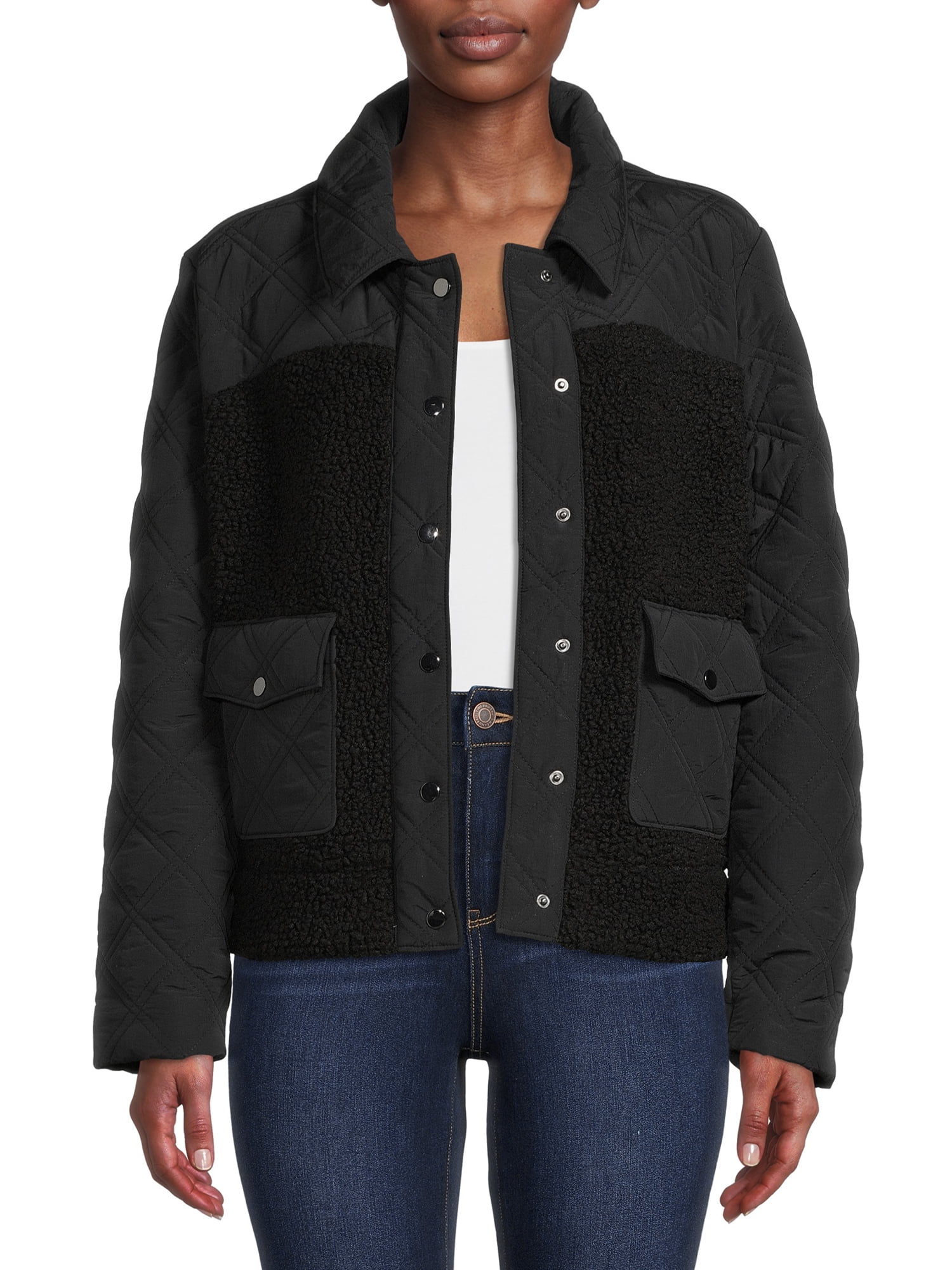 Time and Tru Women's and Plus Mixed Media Cropped Shacket - Walmart.com