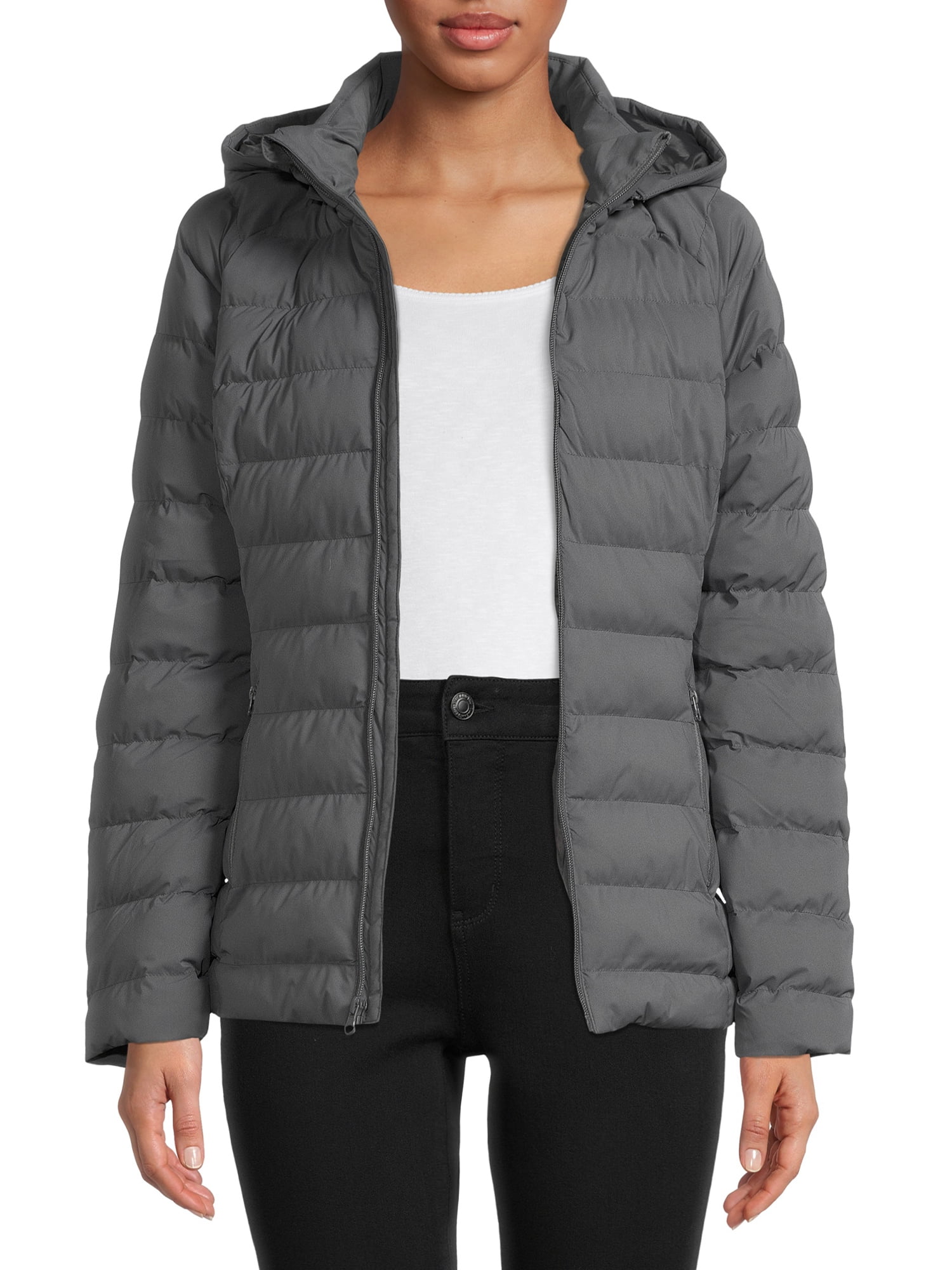 Time and Tru Women's and Plus Packable Stretch Zip Up Puffer Jacket ...