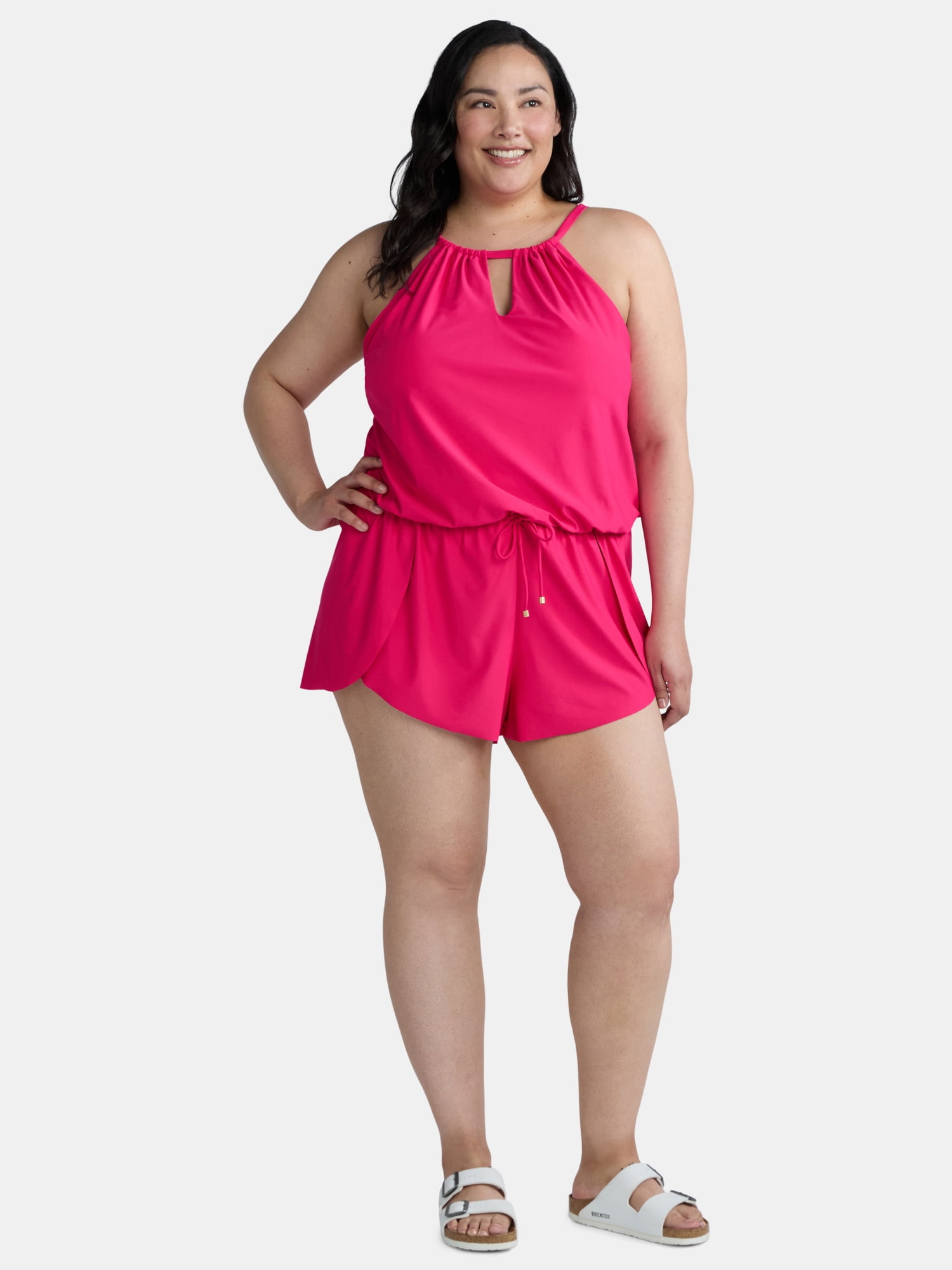 Time and Tru Women's and Women's Plus One Piece Swim Romper, Sizes XS ...