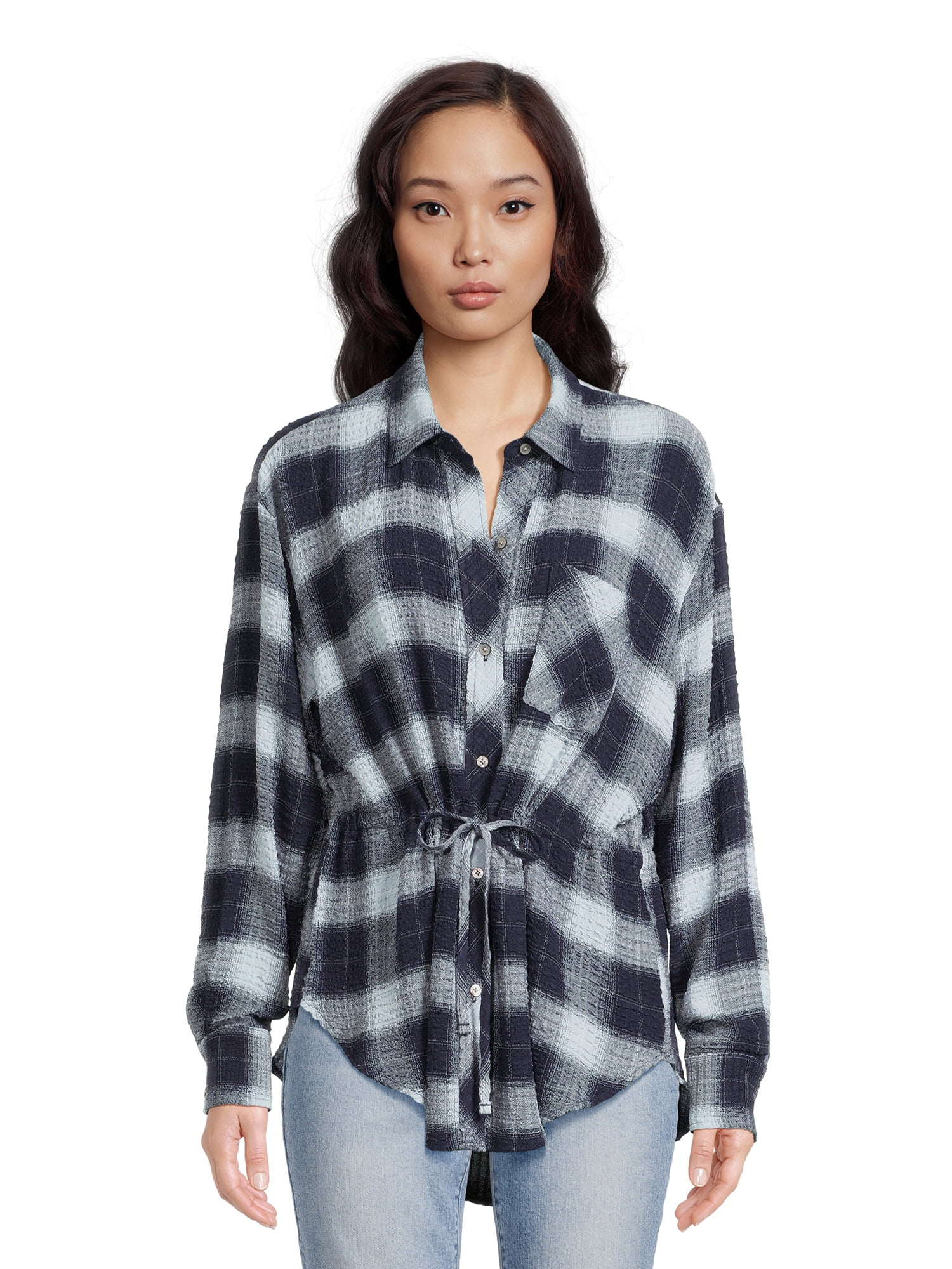 Time and Tru Women's and Women's Plus Button Down Drawstring Shirt with ...