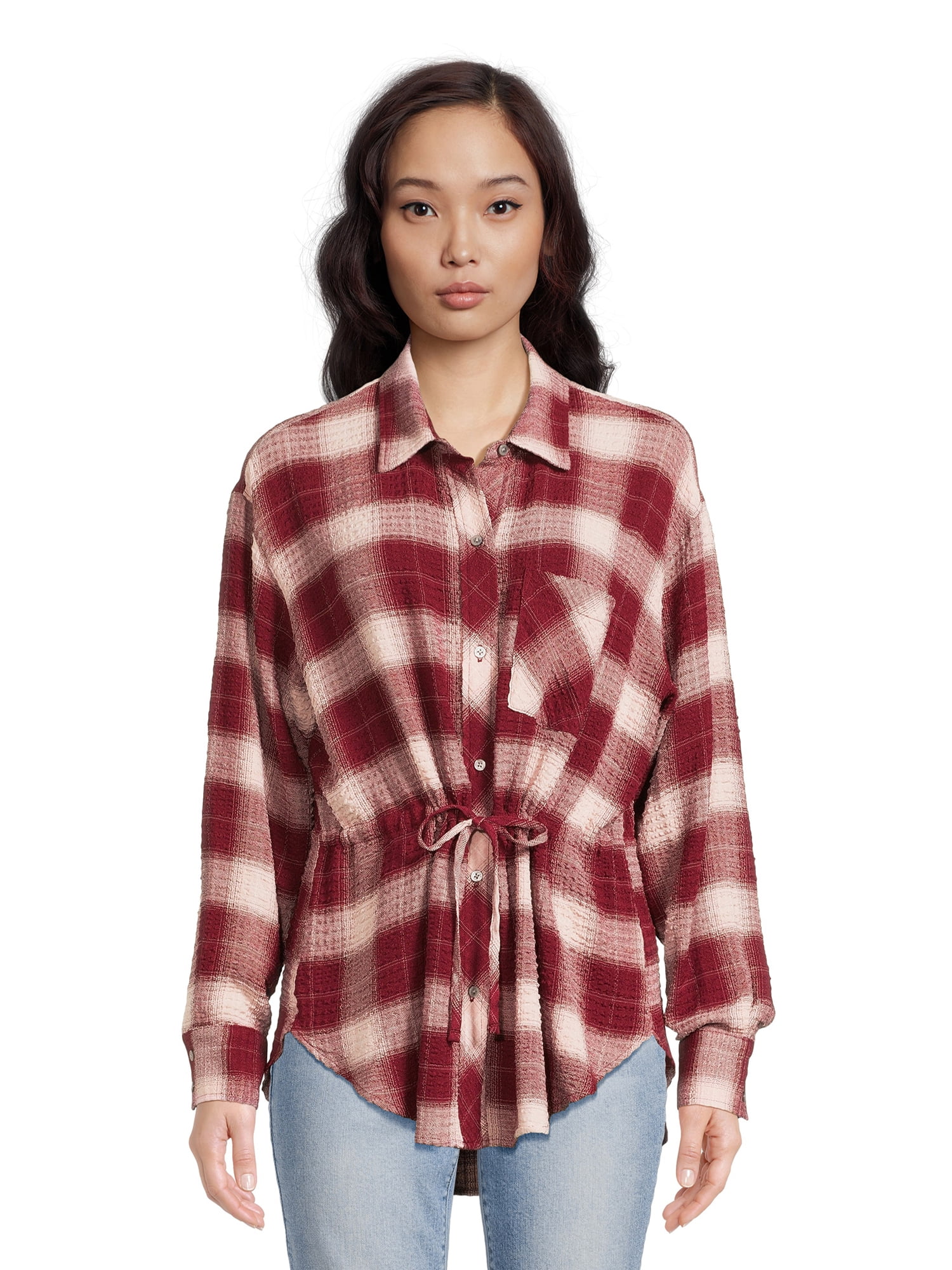 Time and Tru Women's and Women's Plus Button Down Drawstring Shirt with ...