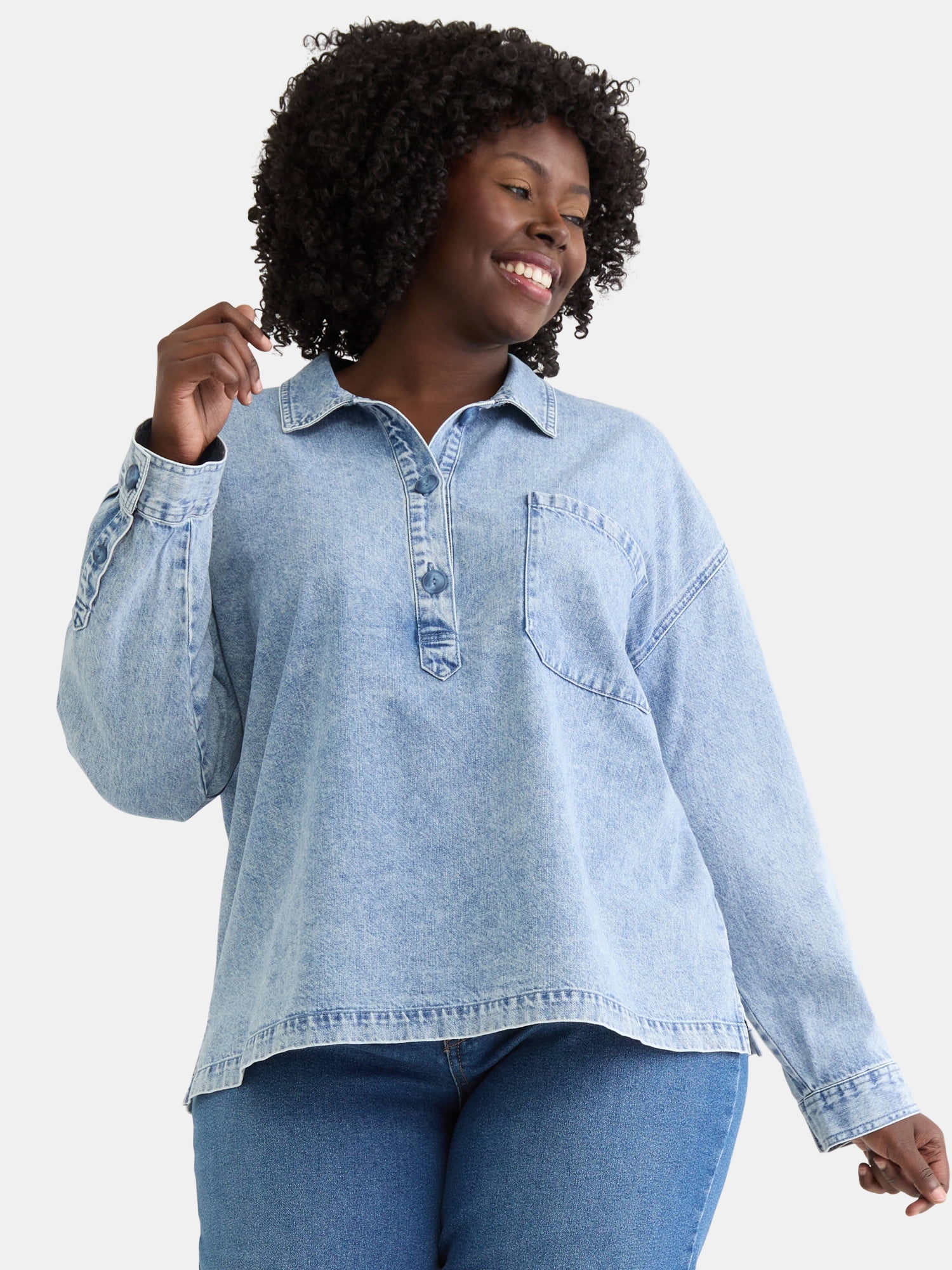 Time and Tru Women's and Women's Plus Denim Popover, Sizes XS-4X ...