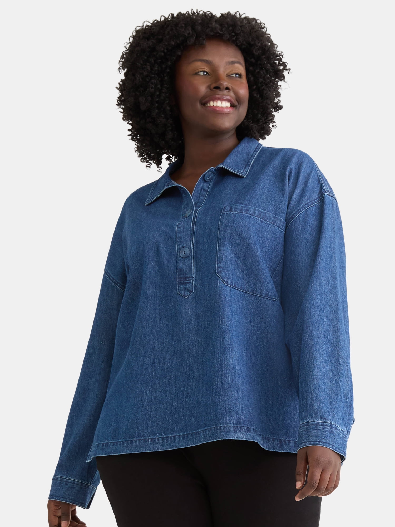 Time and Tru Women's and Women's Plus Denim Popover, Sizes XS-4X ...