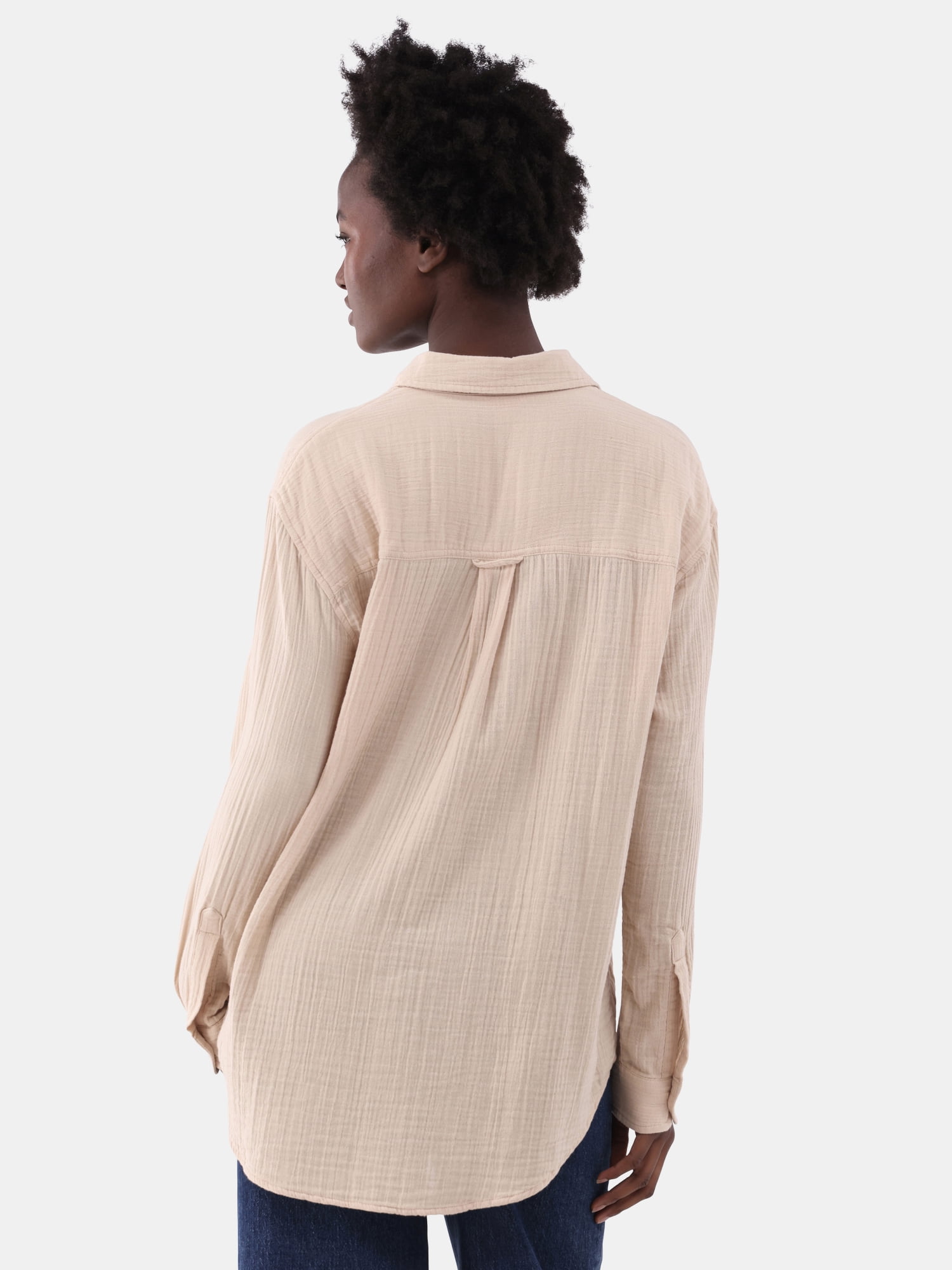 Time & Tru Women's Double Cloth Cotton Shirt, S-4X, Relaxed Fit, Button ...