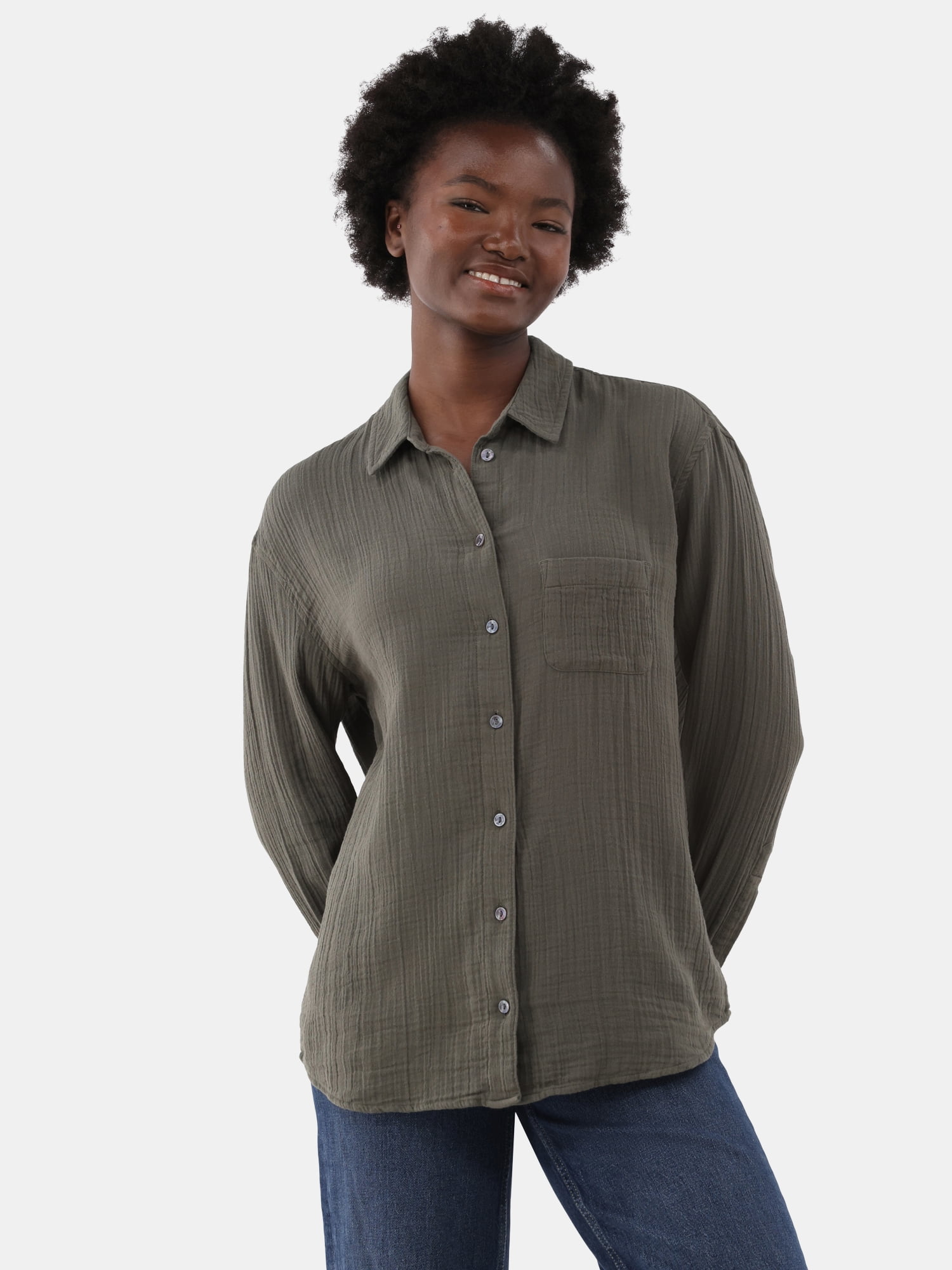 Time & Tru Women's Plus Double Cloth Cotton Shirt, Sizes S-4X, Relaxed ...