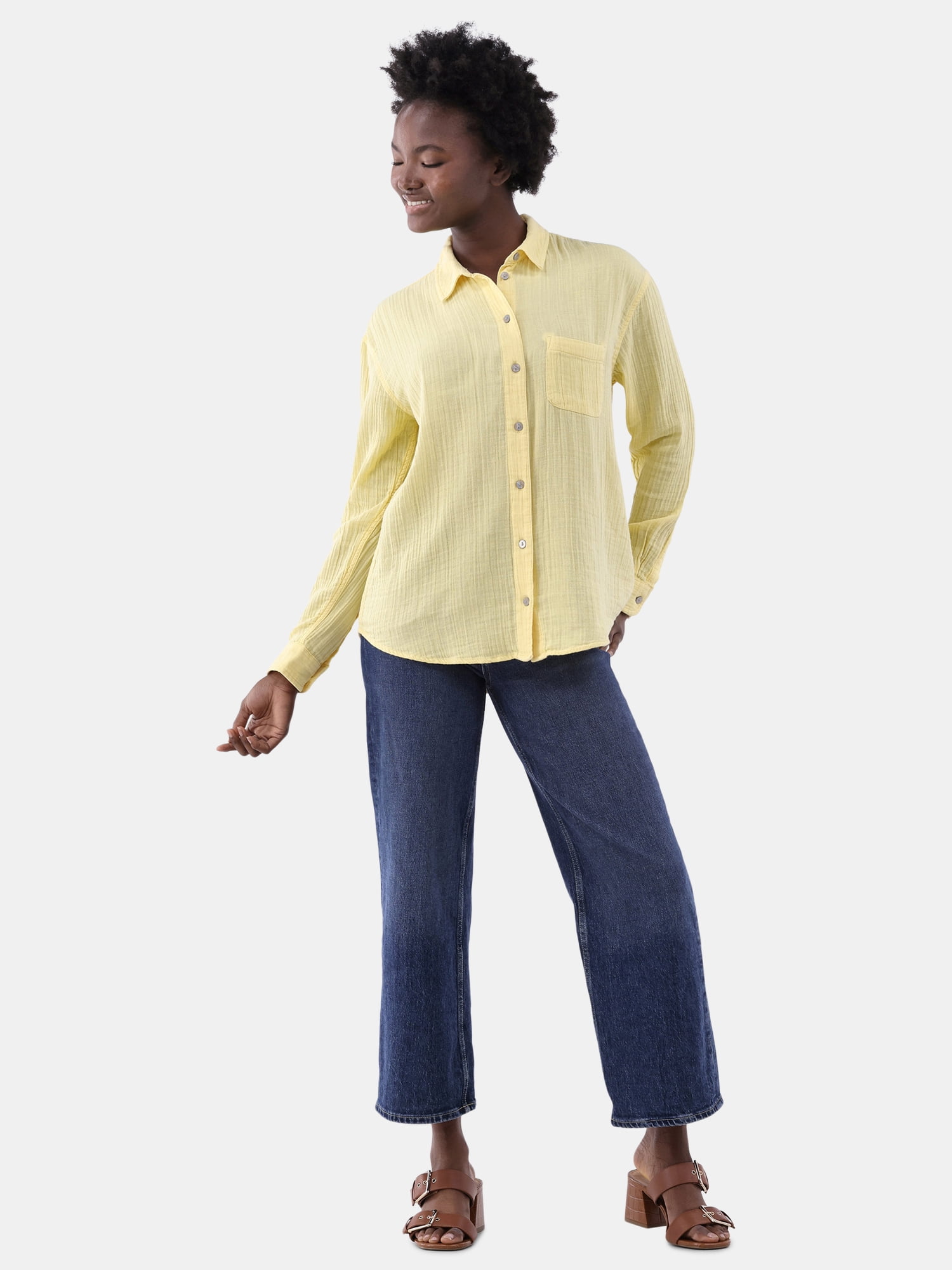 Time and Tru Women's Double Cloth Cotton Shirt with Long Sleeves, Sizes ...