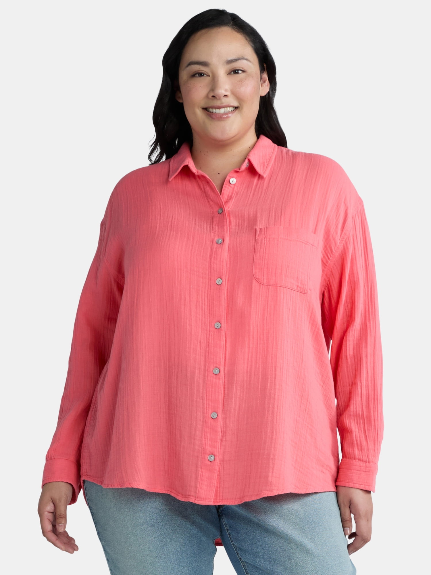 Time & Tru Women's Double Cloth Button Shirt, Cotton, XS-4X ...