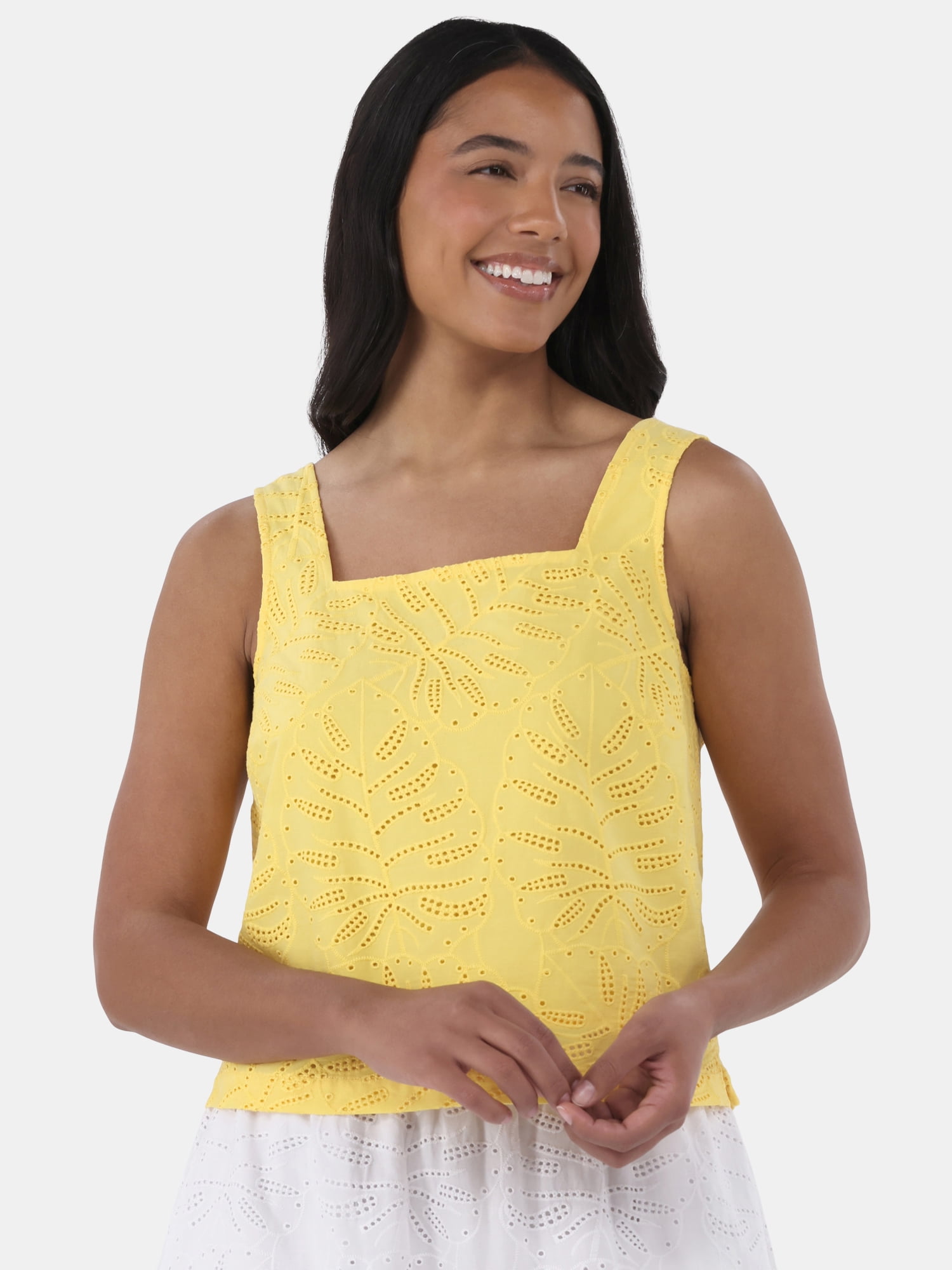 Time and Tru Women's and Women's Plus Eyelet Leaf Pattern Cotton Tank ...