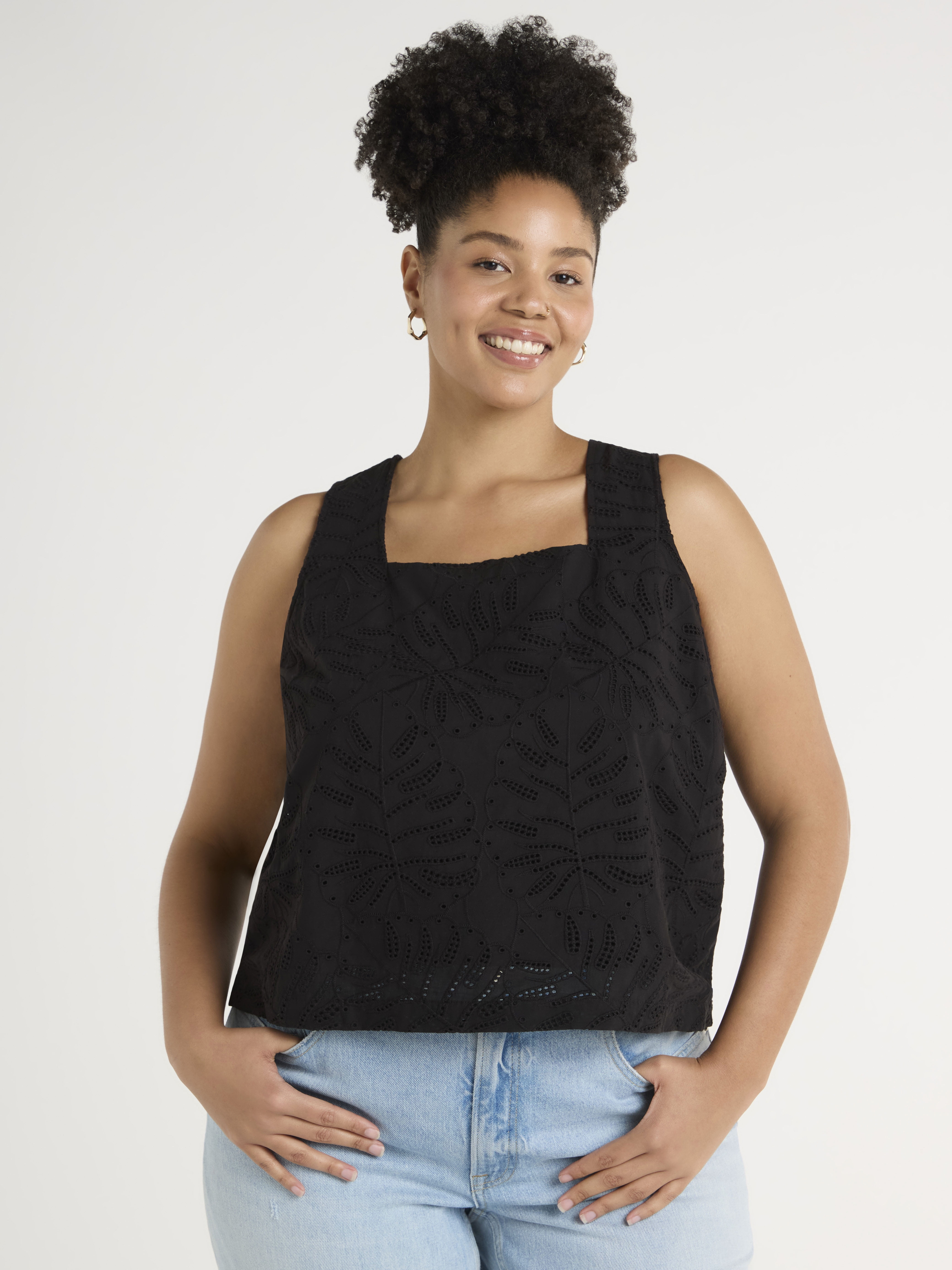 Time and Tru Women's Cotton Eyelet Leaf Pattern Tank Top XS to 4X with ...