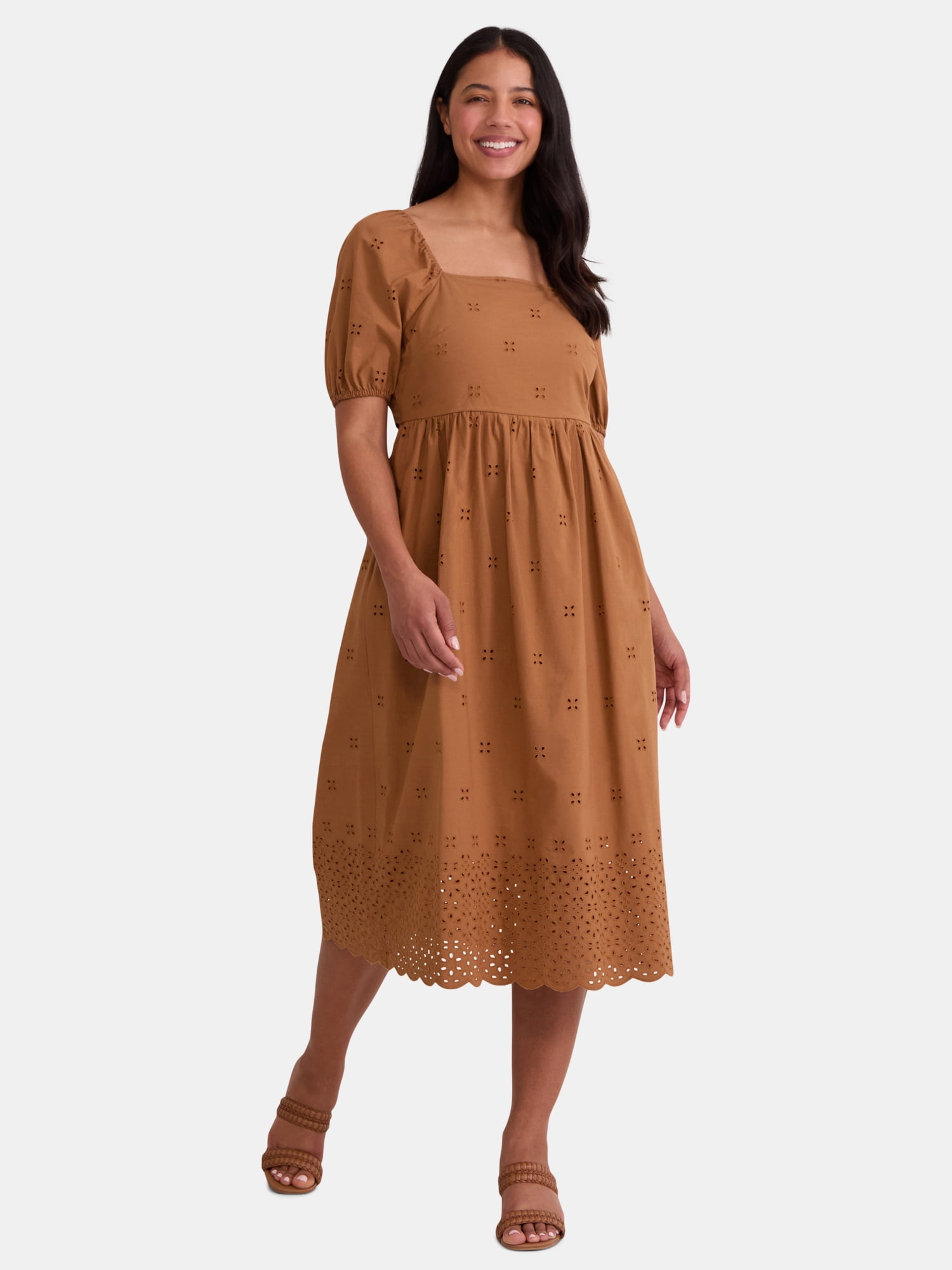 Time and Tru Women's Eyelet Midi Dress Short Sleeve Pocket Embroidery ...