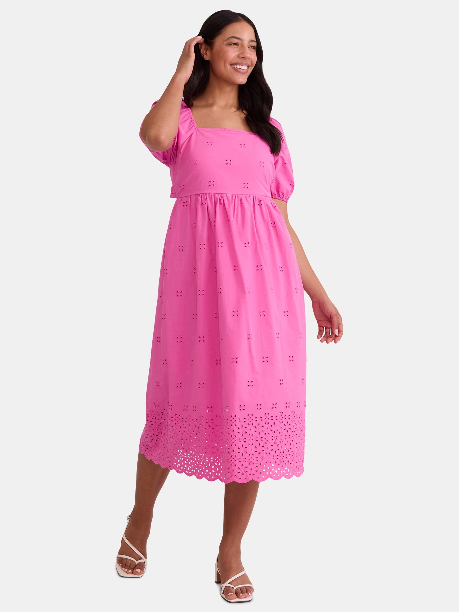 Time and Tru Women's Eyelet Midi Dress Short Sleeve Pockets Solid ...