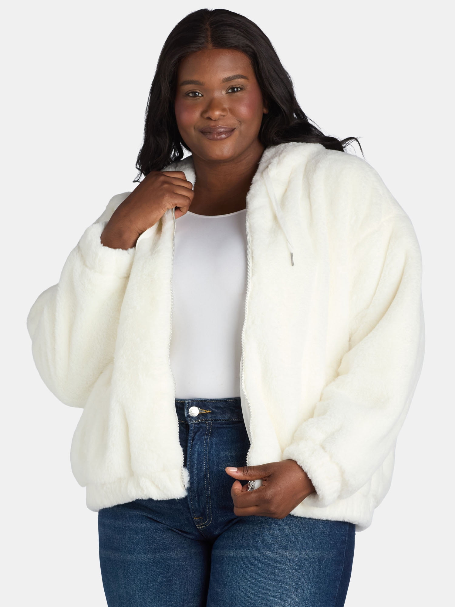 Time and Tru Women's and Women’s Plus Faux Fur Zip Hoodie, Sizes XS-3X ...