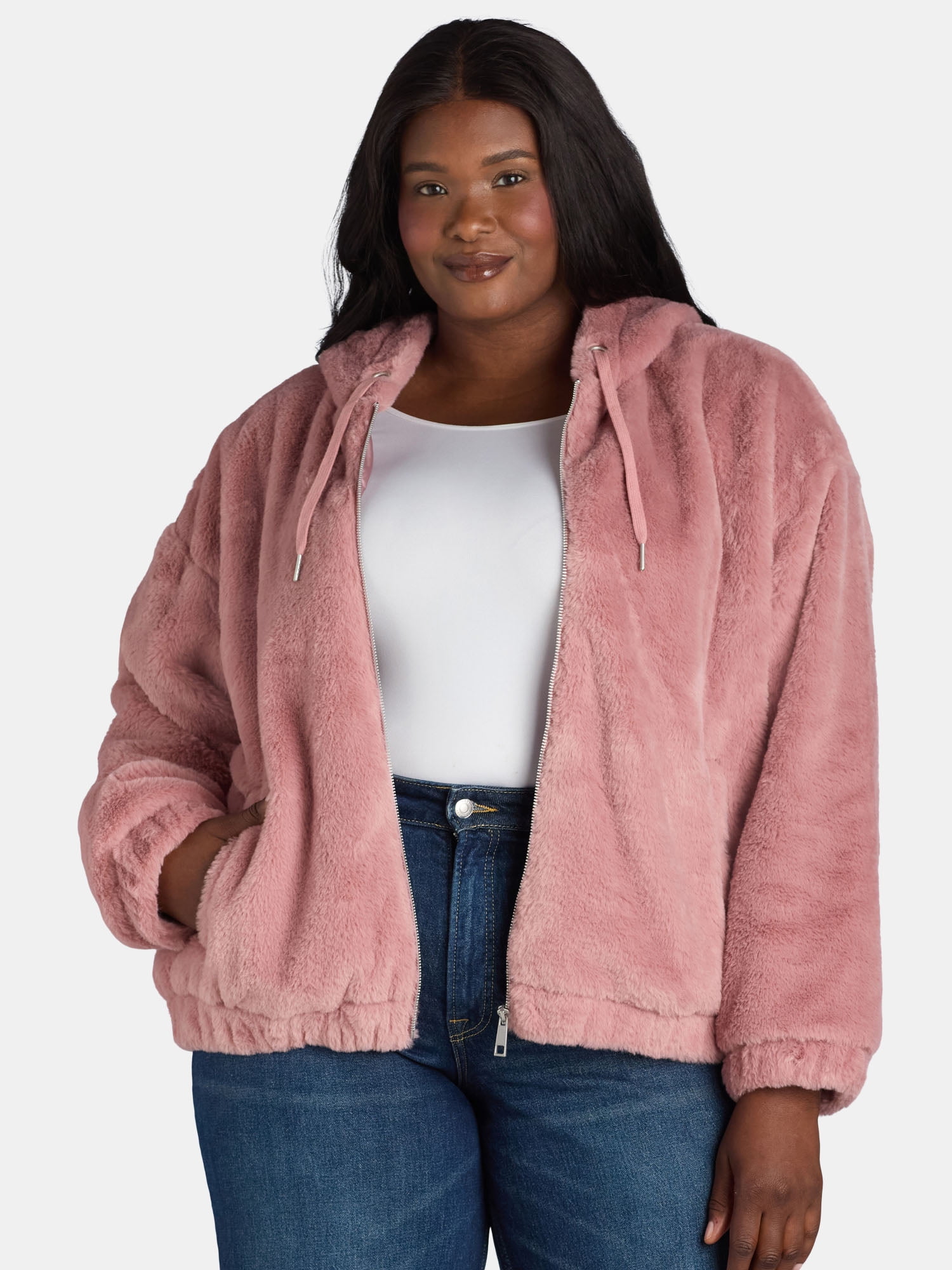 Time and Tru Faux Fur Zip Hoodie - Luxe Cozy Layer - Walmart.com