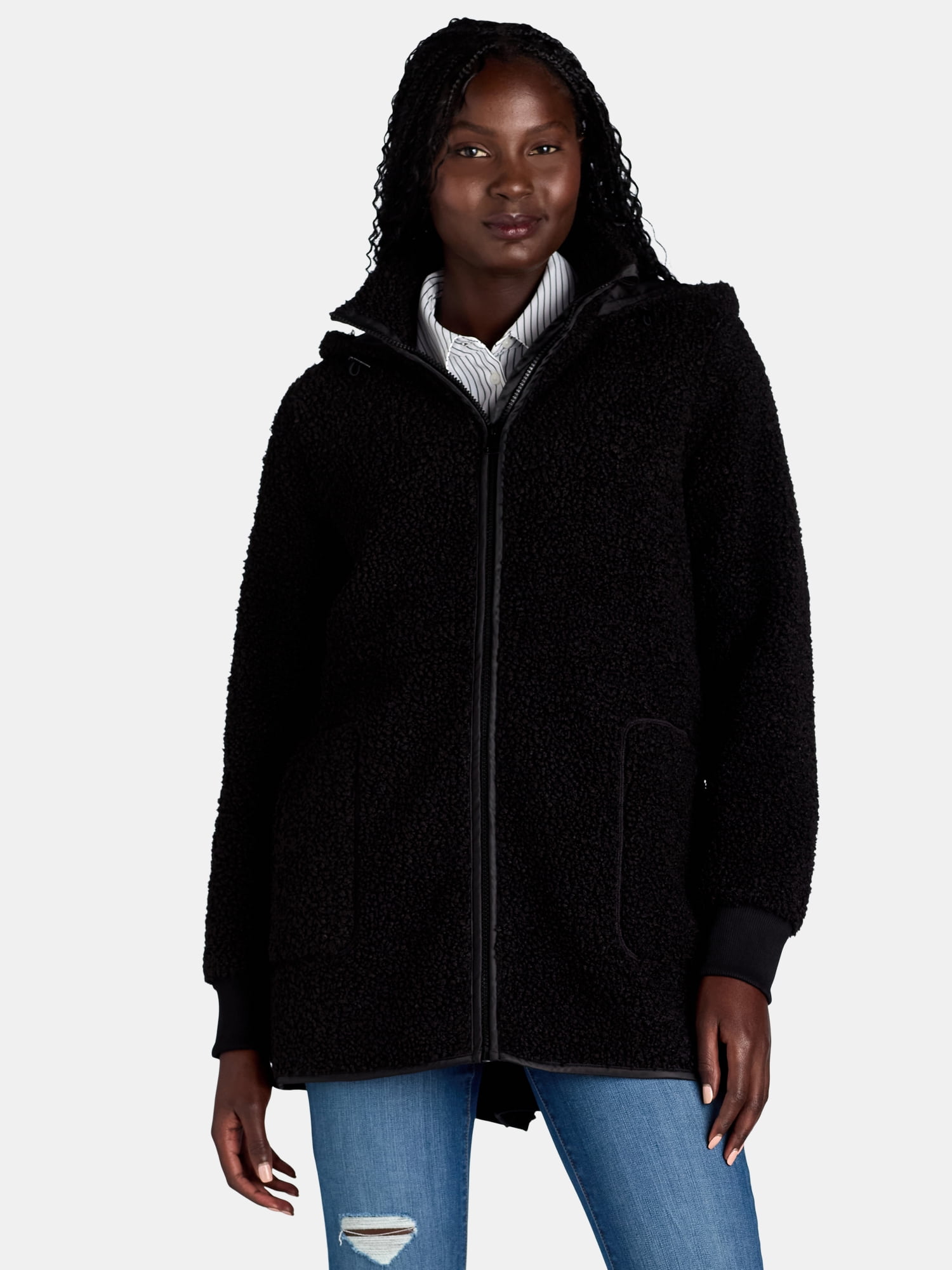 Time and Tru Women’s and Women’s Plus Faux Shearling Zip Hoodie Jacket ...