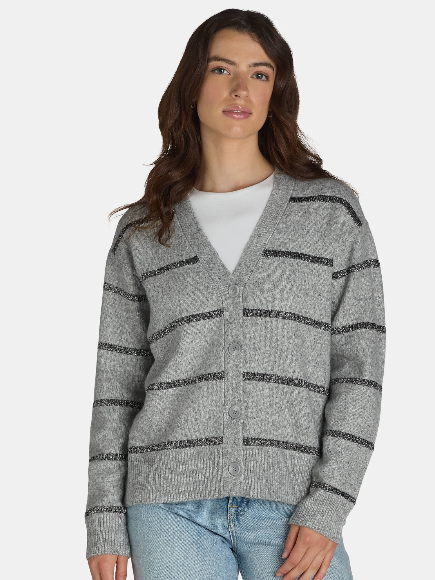 Time and Tru Women's and Women's Plus Metallic Striped Cardigan Sweater ...