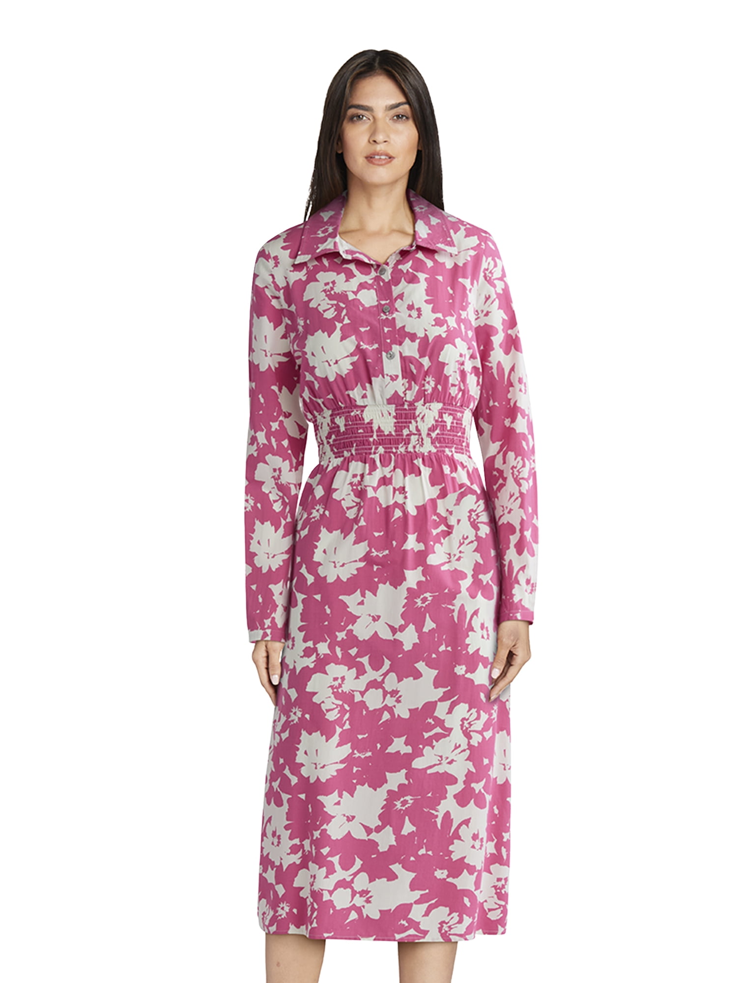 Time and Tru Women's and Women's Plus Midi Shirtdress with Long Sleeves ...