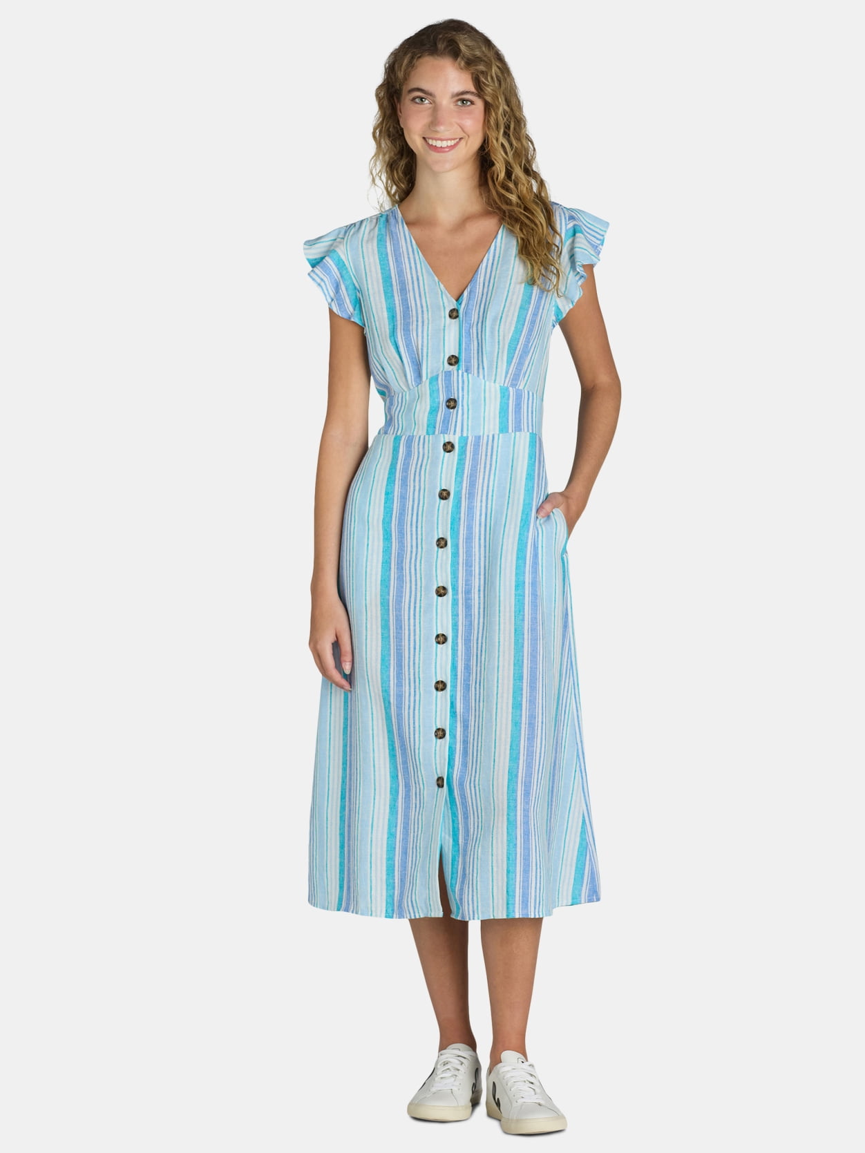Time And Tru Classic Fit Short Flutter Sleeve Wonder Blue Midi Dress, S ...