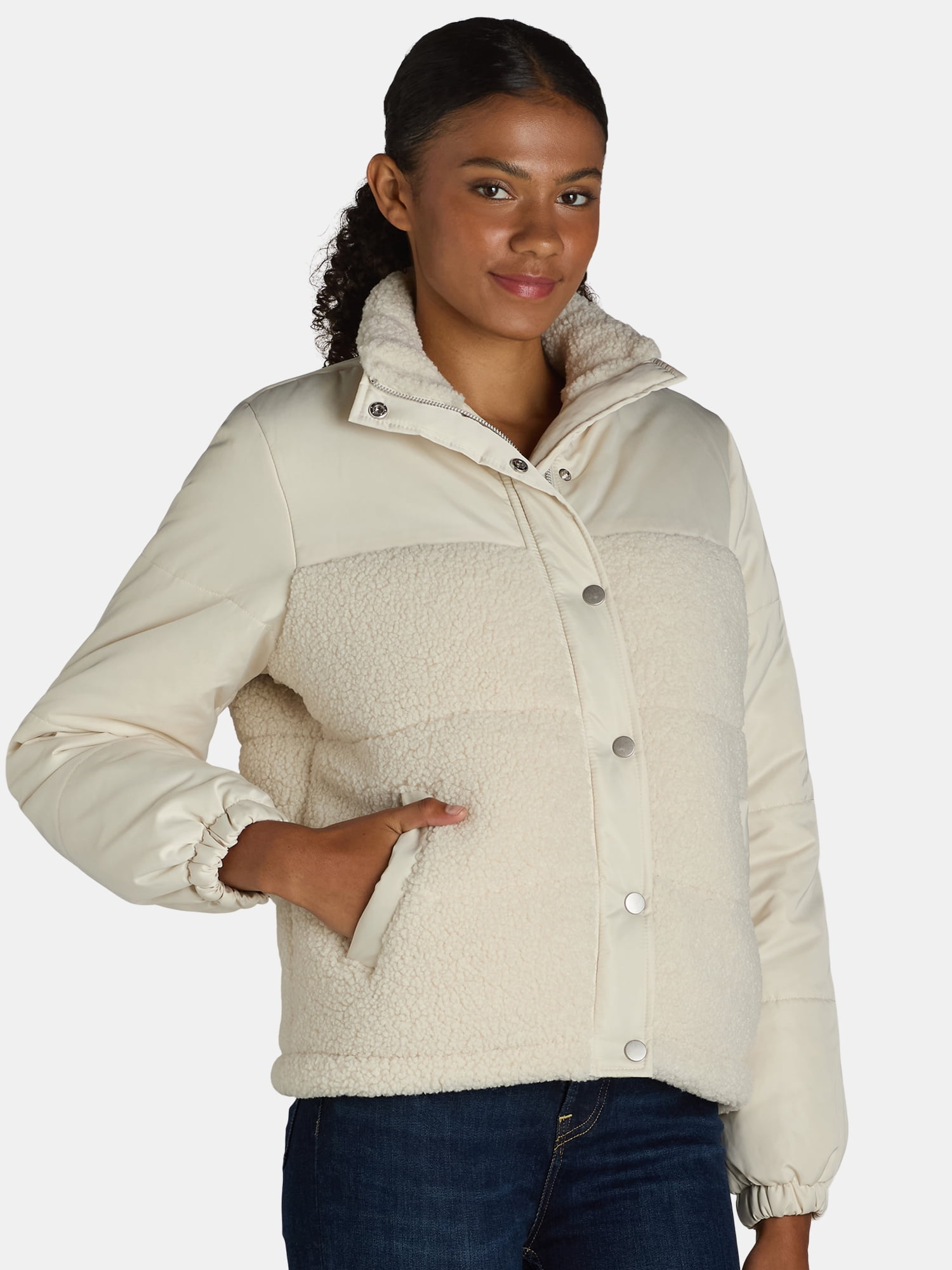 Time & Tru Women's Mixed Media Puffer Jacket XS-3X, Corduroy & Sateen ...