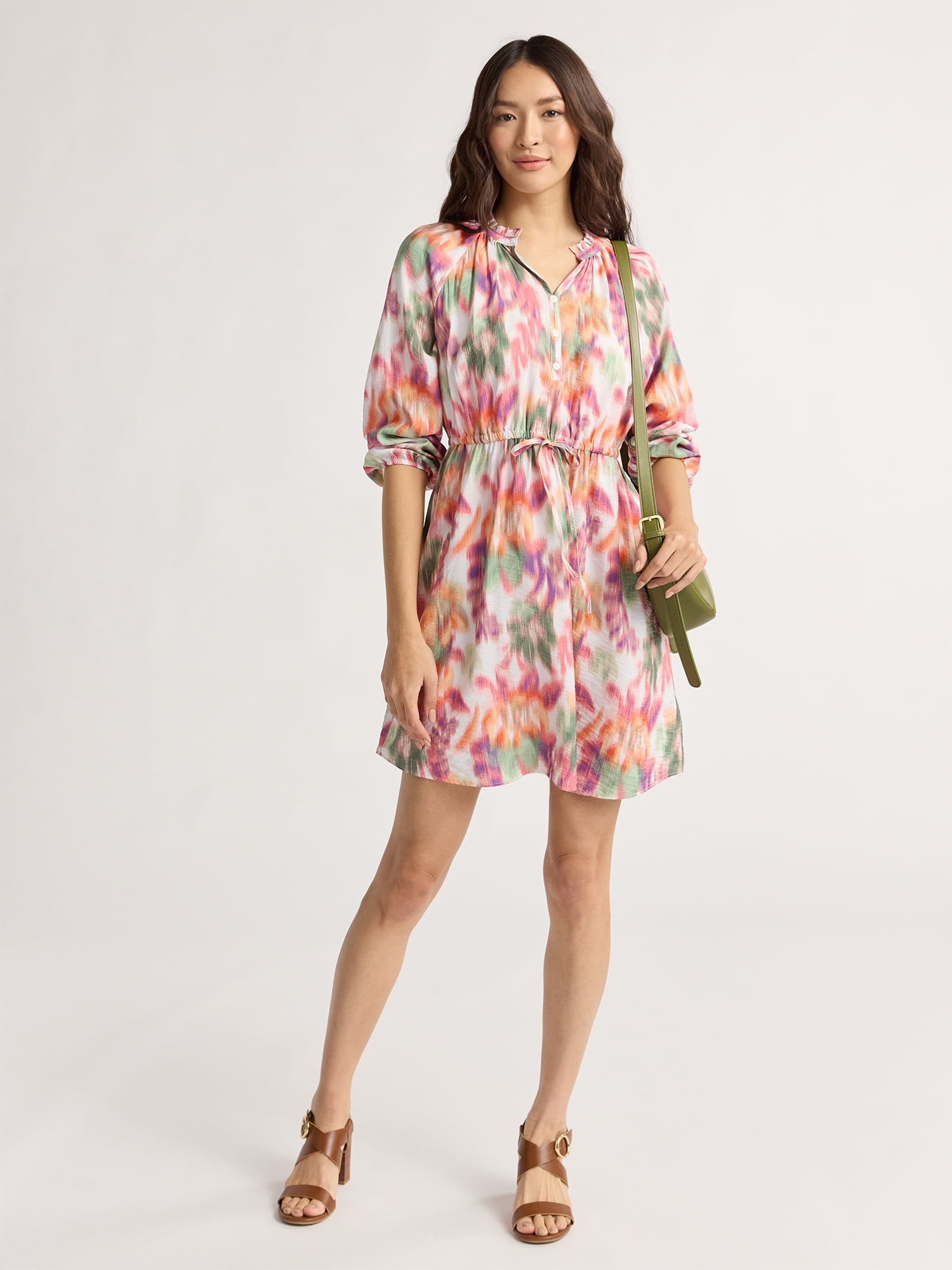 Time and Tru Women's and Women’s Plus Ruffle Neck Mini Dress, Sizes XS ...