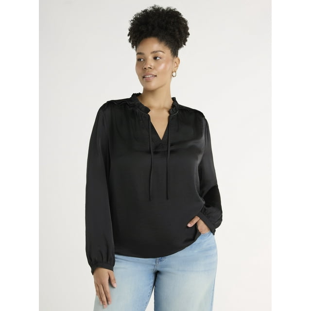 Time and Tru Women's and Women's Plus Size Silky Satin Ruffle Neck ...