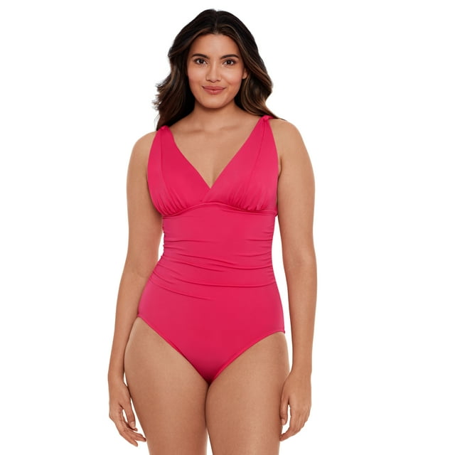 Time And Tru Womens And Womens Plus Size Solid Plunge V Neck One Piece Swimsuit