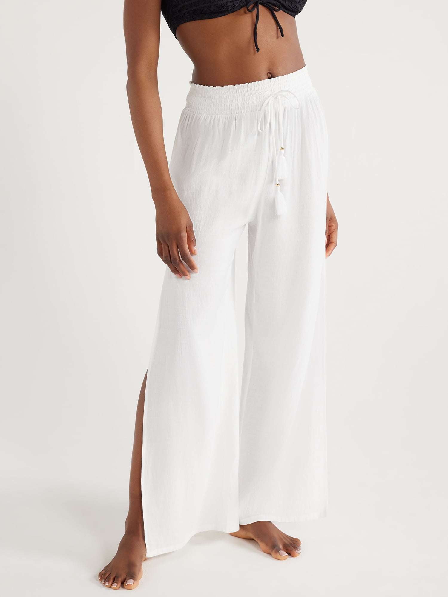 Time and Tru Women's and Women’s Plus Smocked Coverup Pants with Side ...