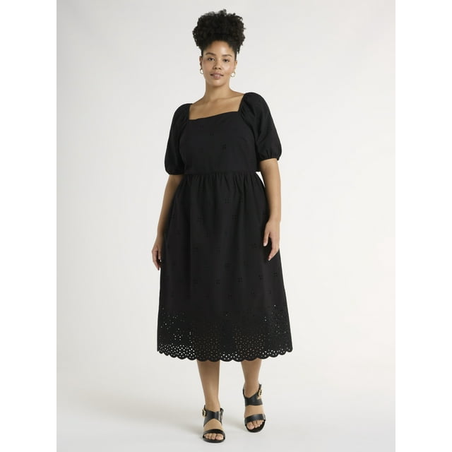 Time and Tru Women's and Women's Plus Square Neck Eyelet Midi Dress ...