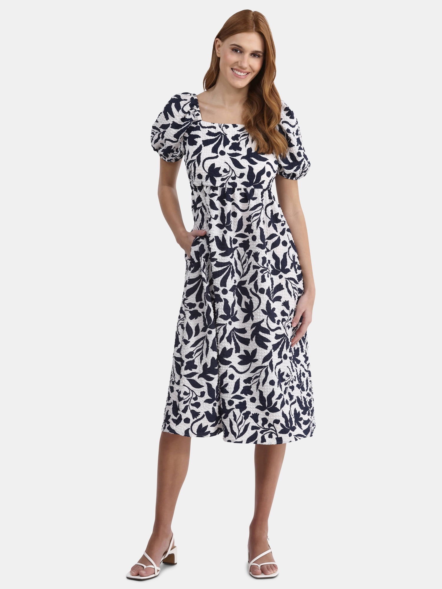 Time and Tru Women's Square Neck Midi Dress Sizes XS-4X with Puff ...
