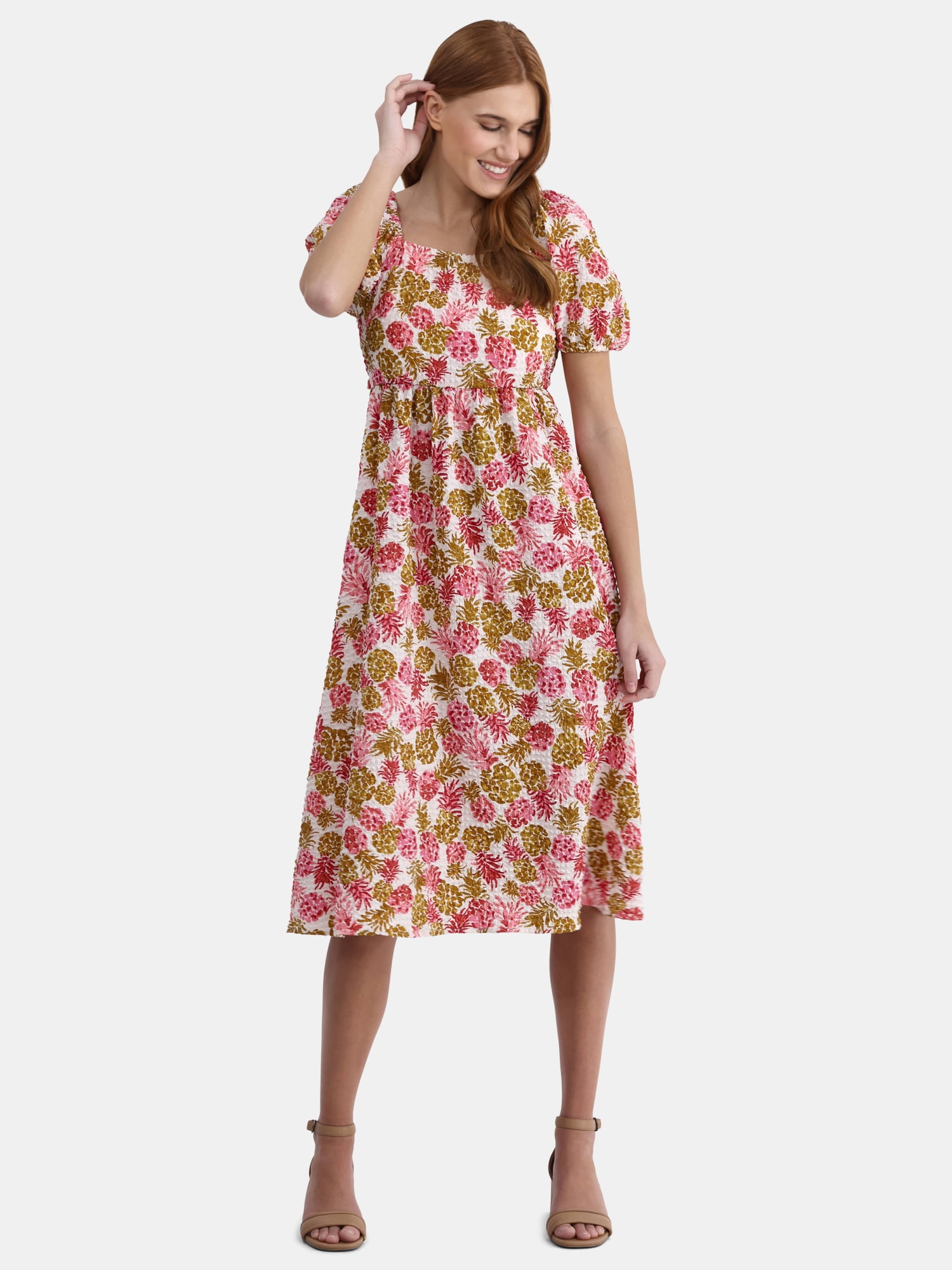 Time and Tru Women's and Women's Plus Square Neck Midi Dress, Sizes XS ...