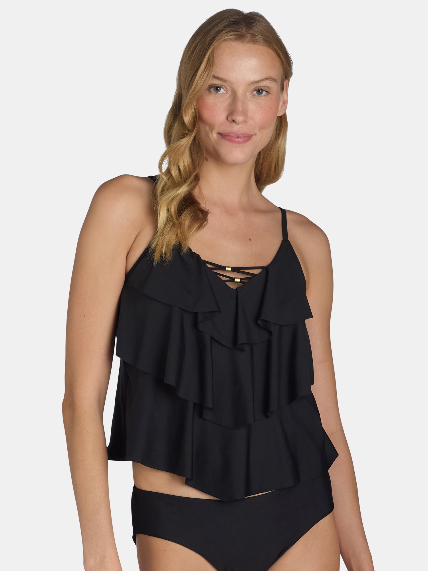 Time and Tru Women's Tiered Ruffle Tankini Top with V-Neck Adjustable ...