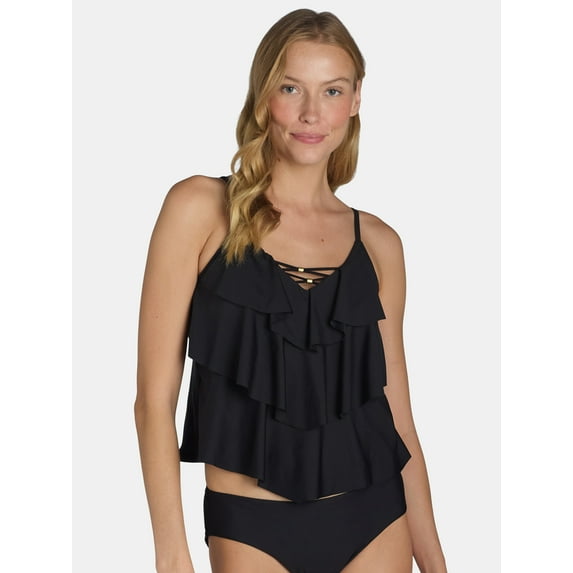 Time and Tru Women's and Women's Plus Tiered Ruffle Tankini Top, Sizes ...