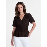 Time and Tru Women's and Women's Plus V Neck Shirred Peplum Top, Sizes ...