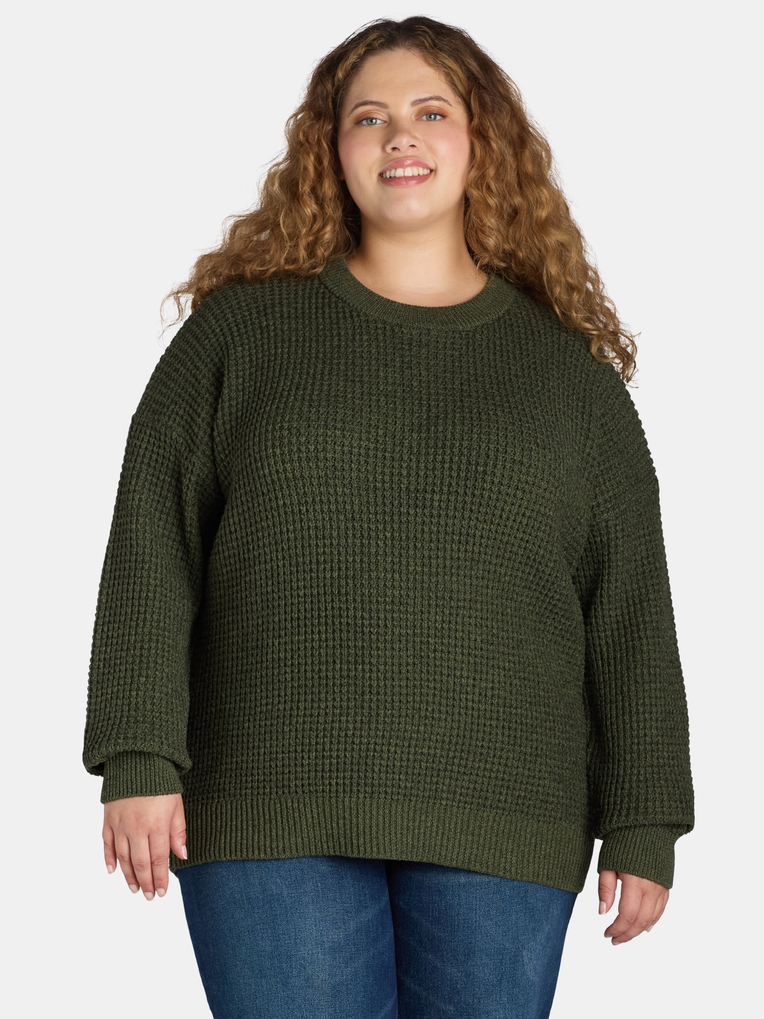 Time and Tru Women's and Women's Plus Waffle Stitch Sweater with Long ...