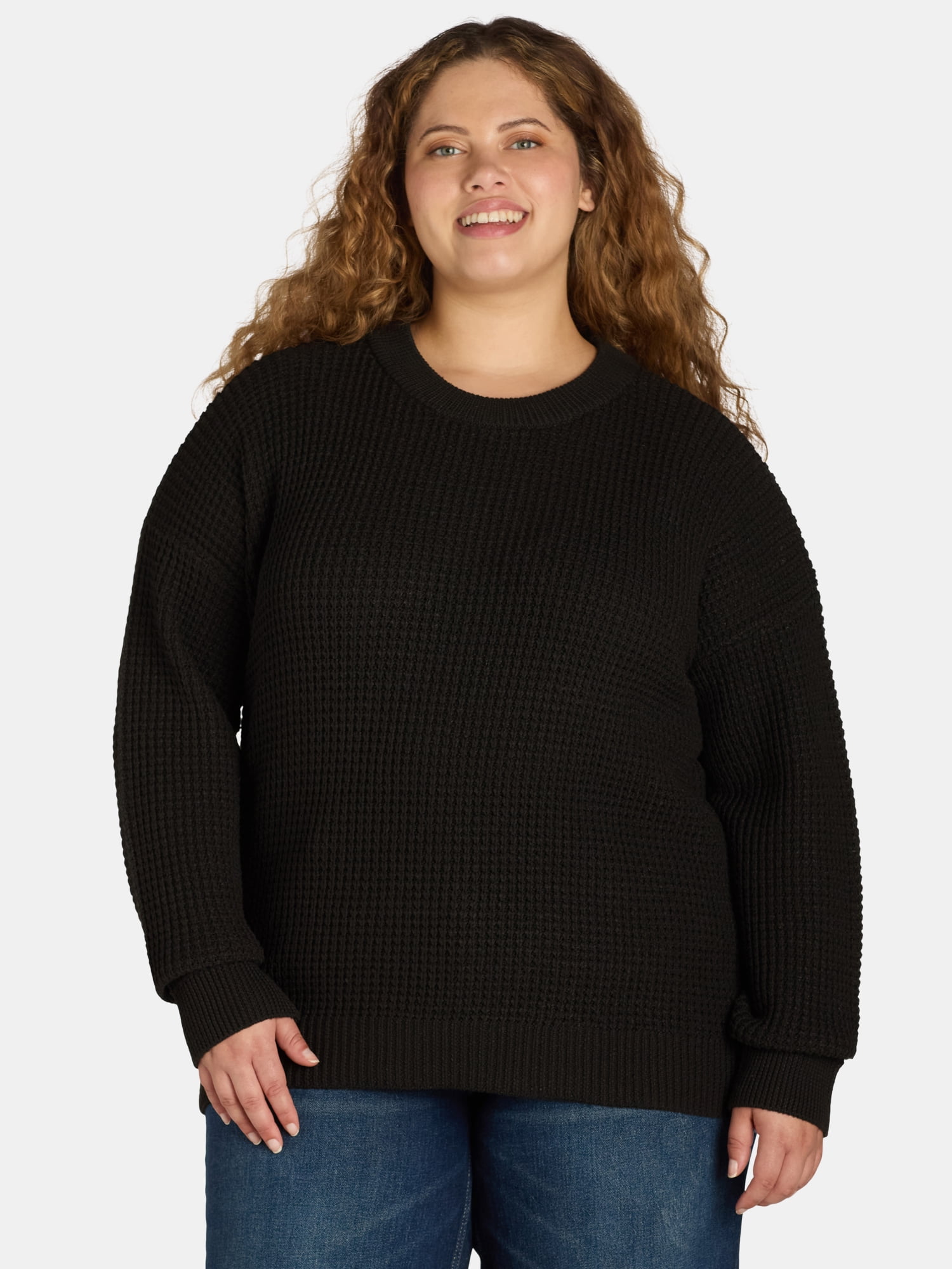 Time and Tru Women's and Women's Plus Waffle Stitch Sweater with Long ...