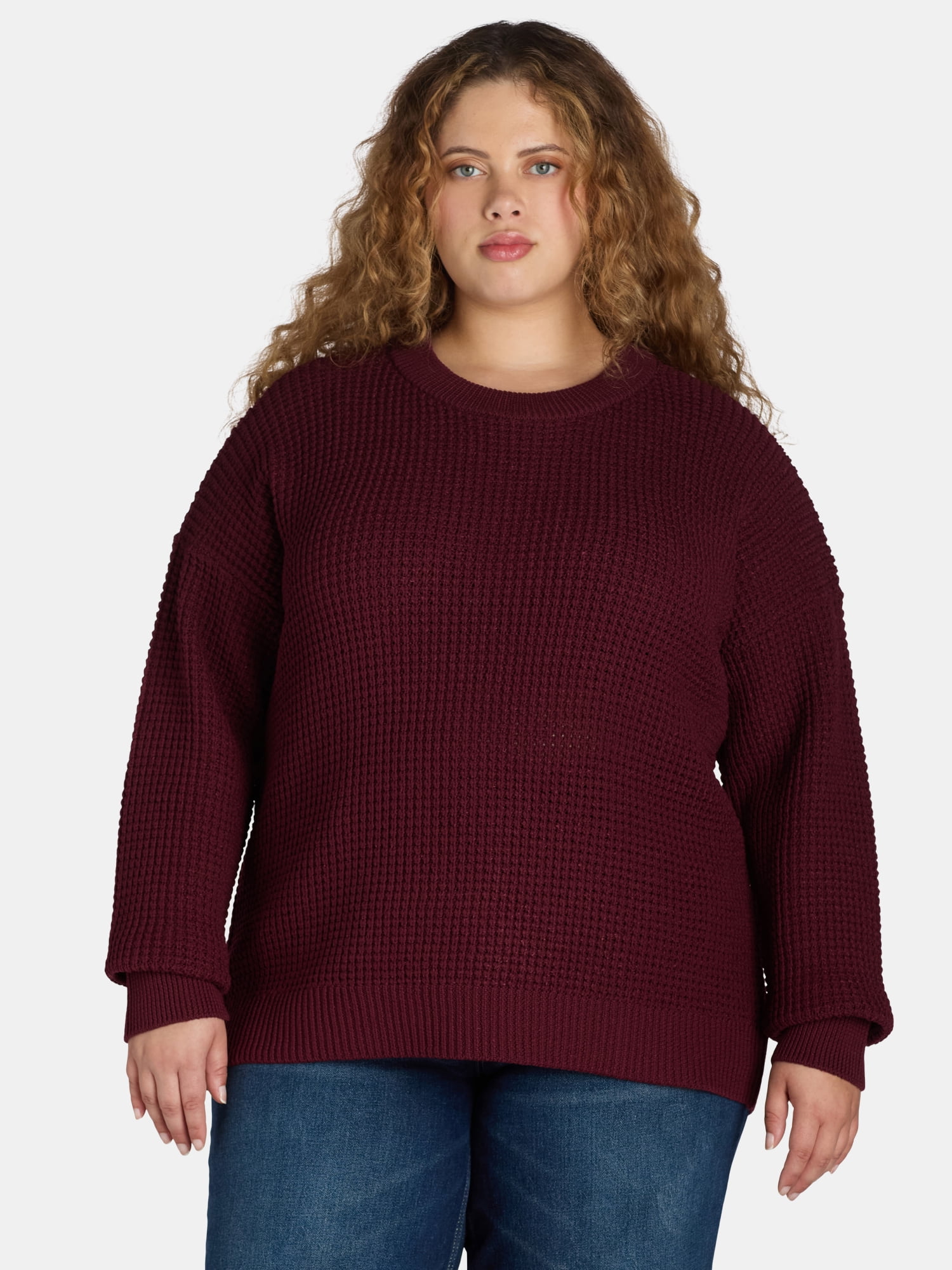 Time & Tru Women's Waffle Stitch Pullover Sweater, Long Sleeves ...