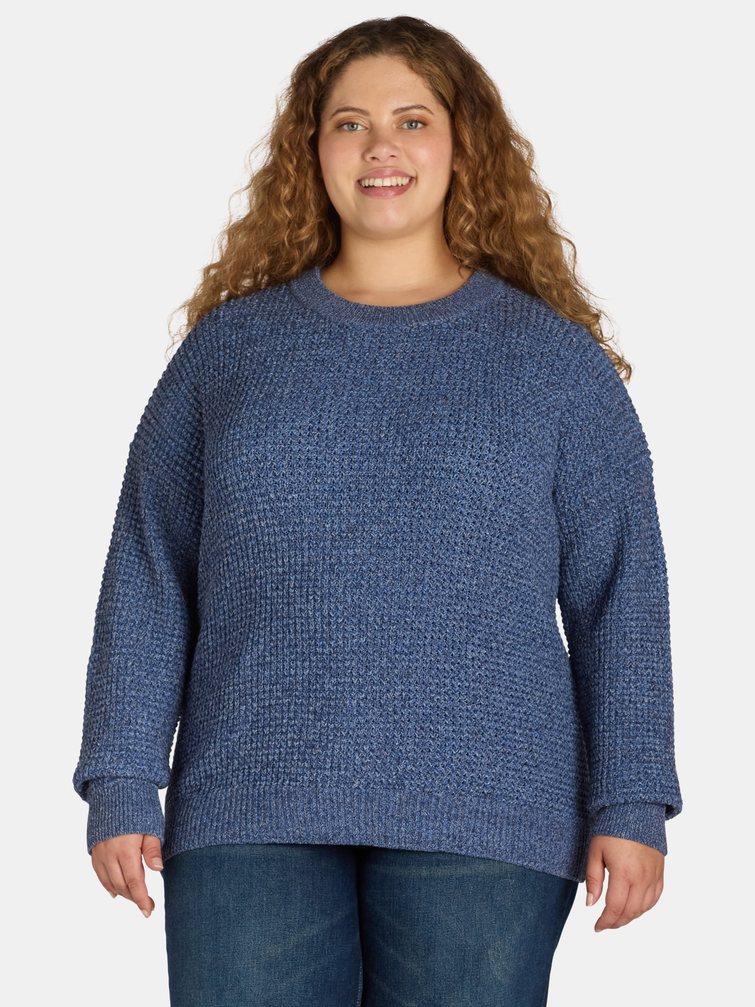 Time and Tru Women's and Women's Plus Waffle Stitch Sweater with Long ...