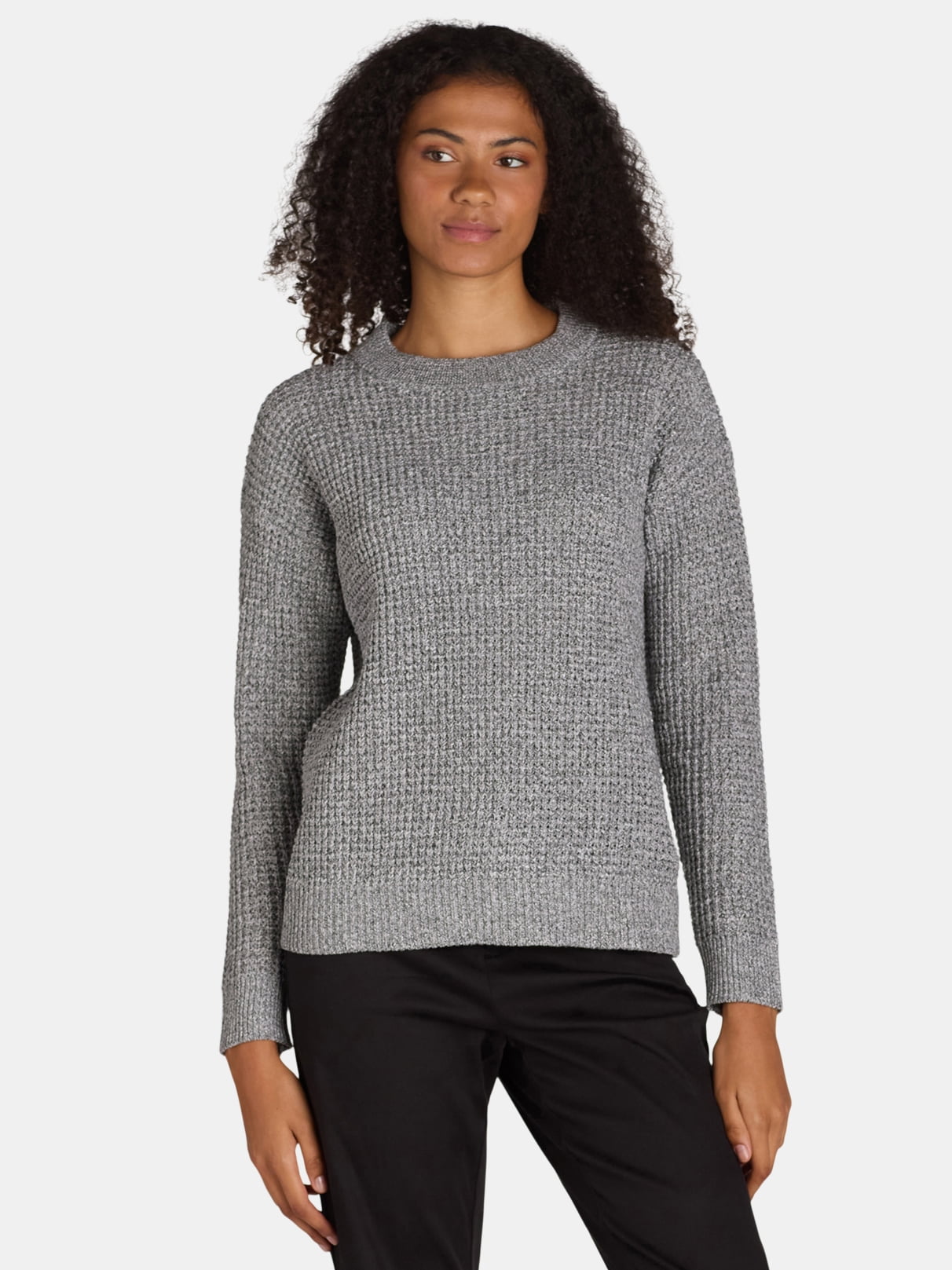 Time & Tru Women's Waffle Stitch Crewneck Sweater, Long Sleeves ...