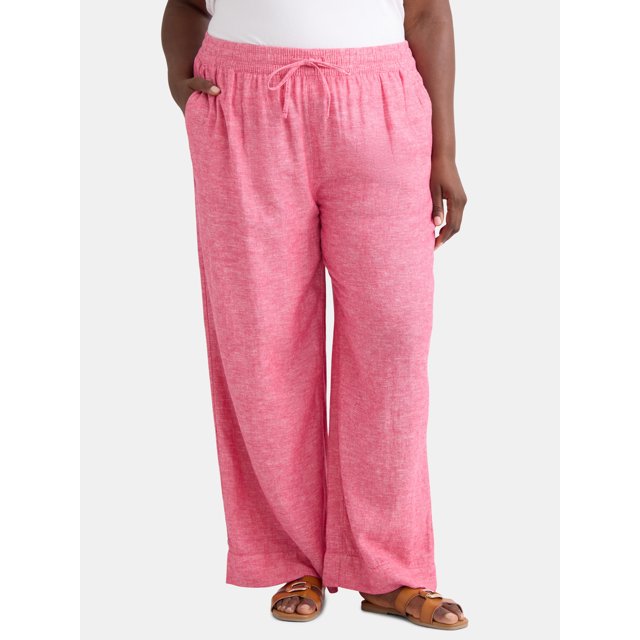 Time and Tru Women's and Women's Plus Wide Leg Linen Blend Pants, 29 ...
