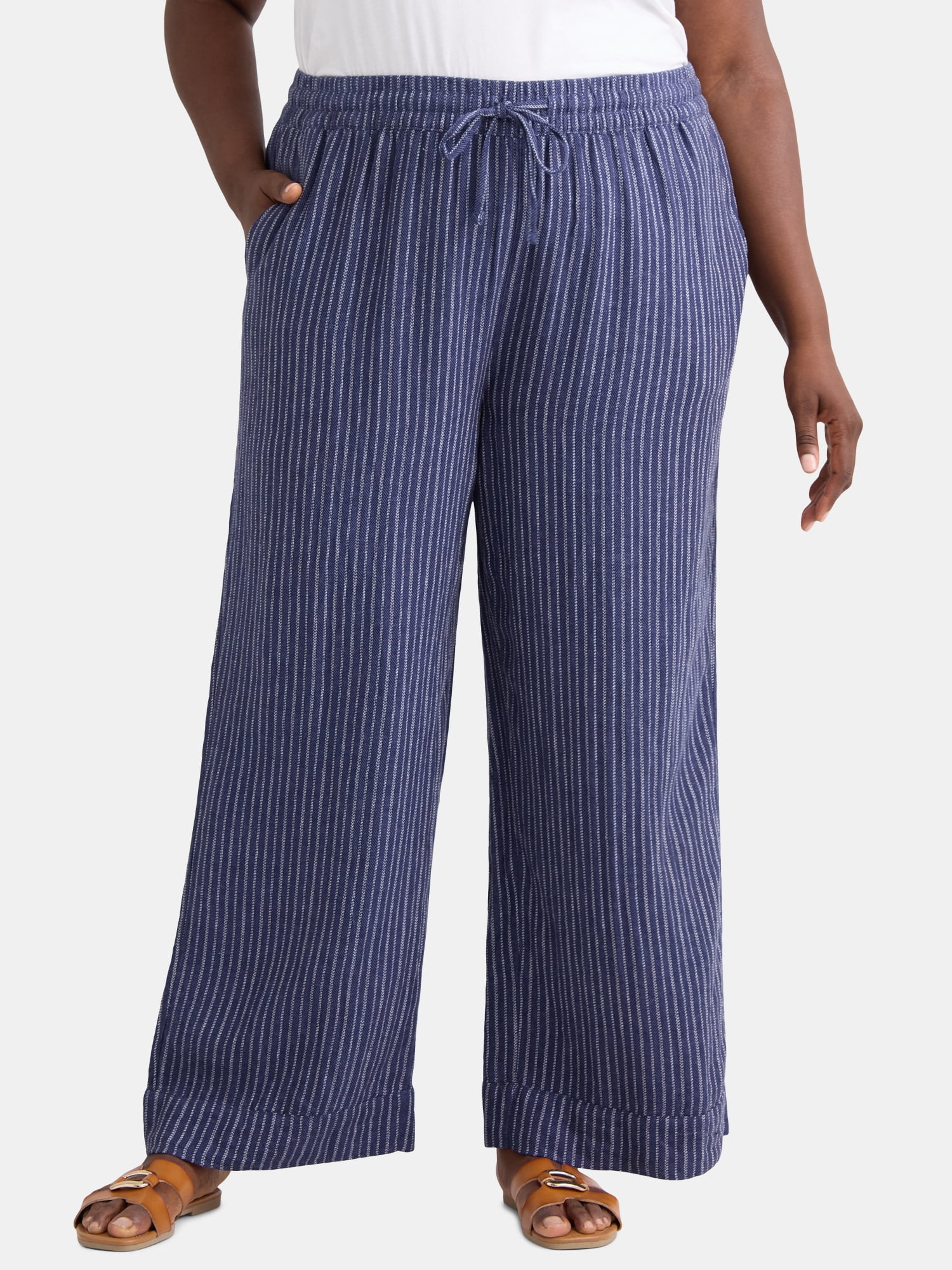 Time and Tru Women's and Women's Plus Wide Leg Linen Blend Pants, 29 ...