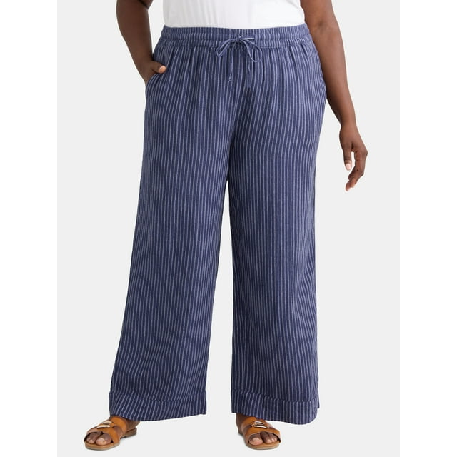 Time and Tru Women's and Women's Plus Wide Leg Linen Blend Pants, 29 ...