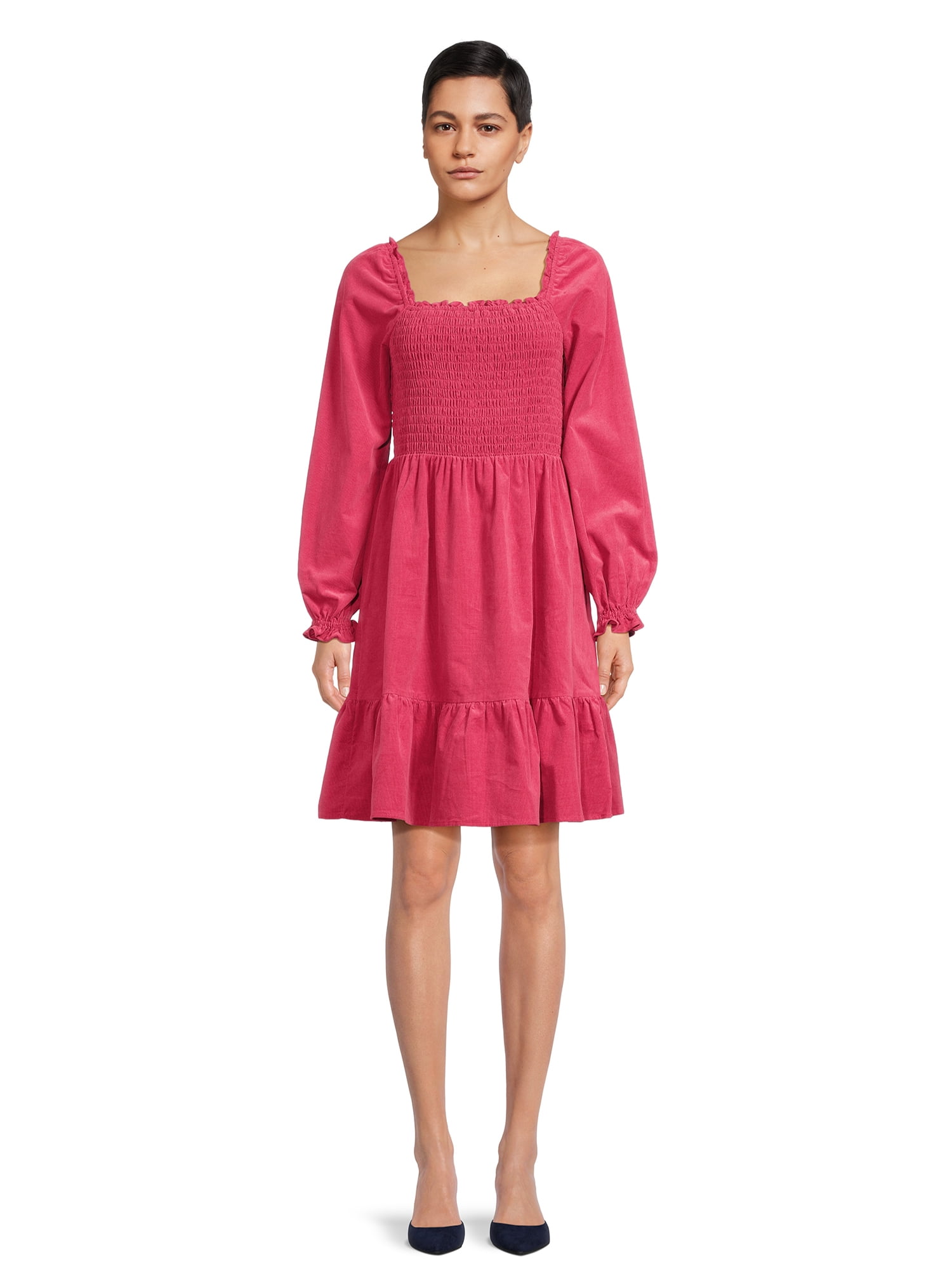 Time & Tru Women's Long Sleeve Smocked Corduroy Mini Dress - Walmart.com