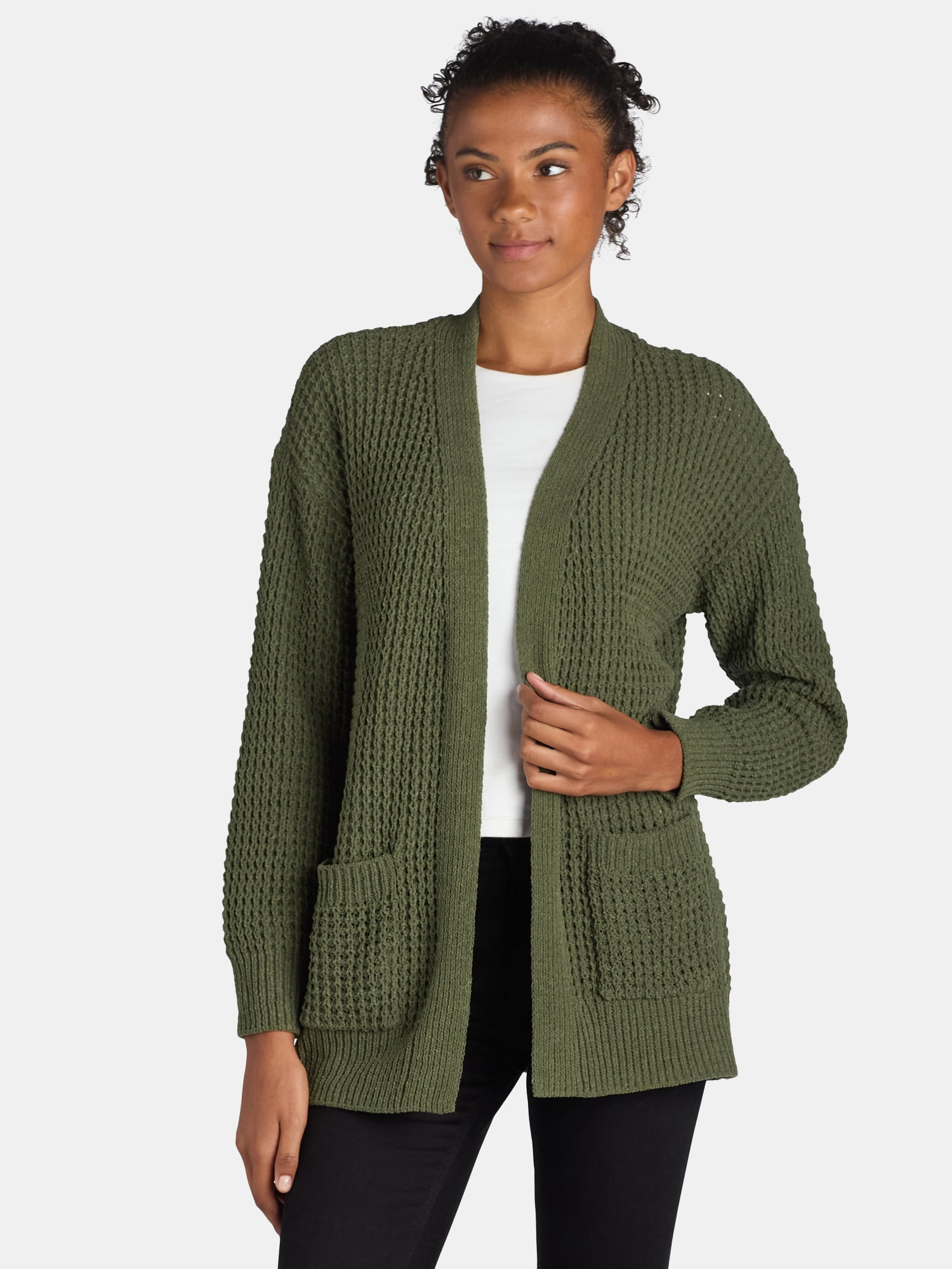 Time and True Women's Open Front Chenille Cardigan Sweater, Midweight ...