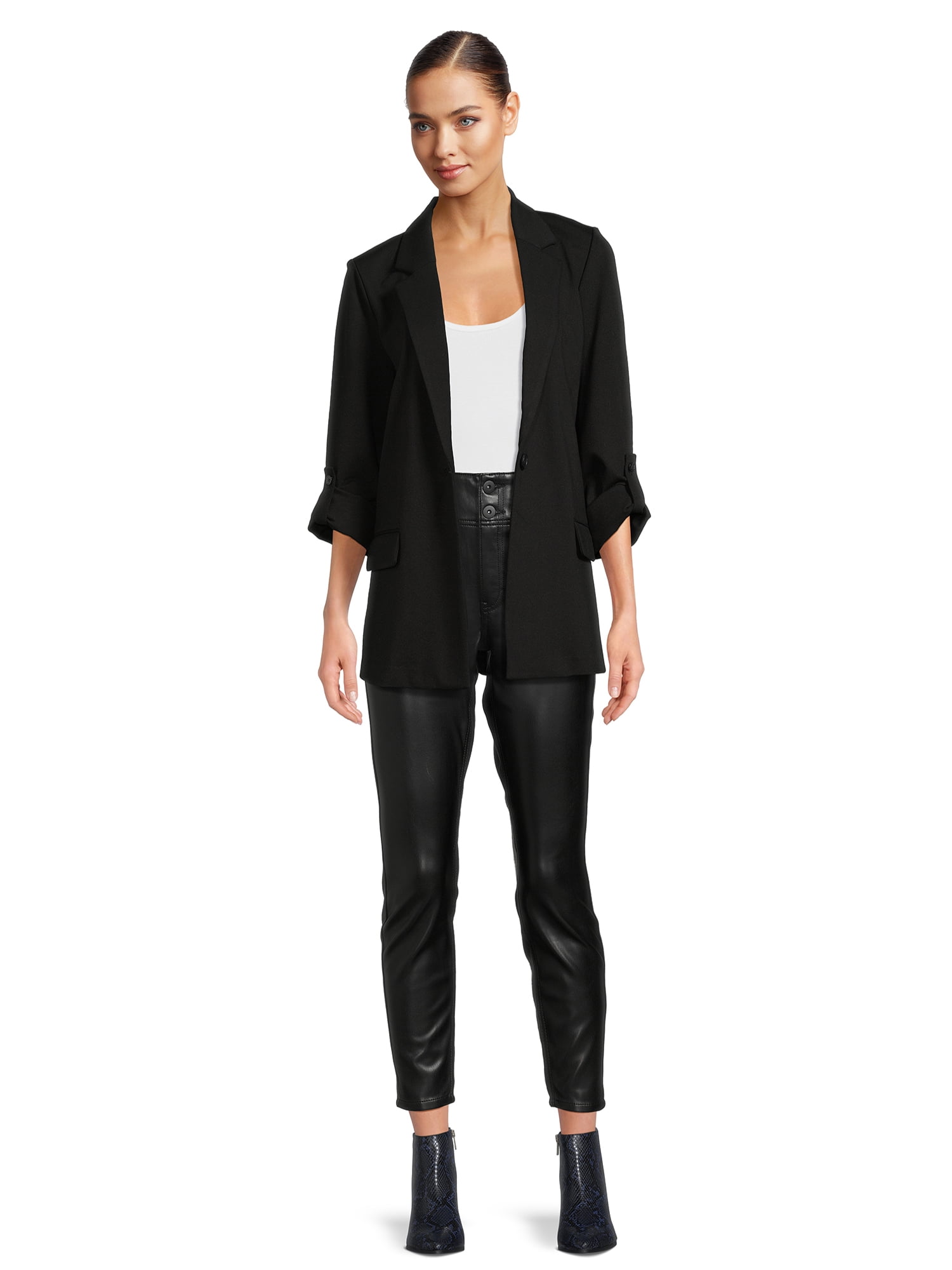 Time & Tru Women's Relaxed Fit Ponte Blazer with Adjustable Sleeves, XS ...